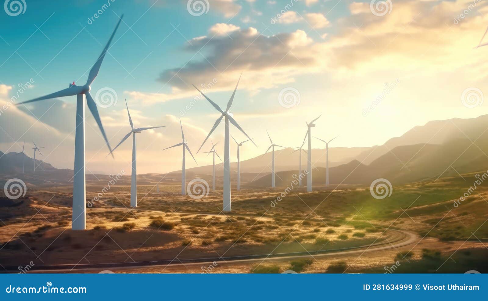 Wind Turbines Generate Electricity At Sunrise, Wind Farm With Tall Wind ... Wind Turbines Generate Electricity At Sunrise, Wind Farm With Tall Wind ...