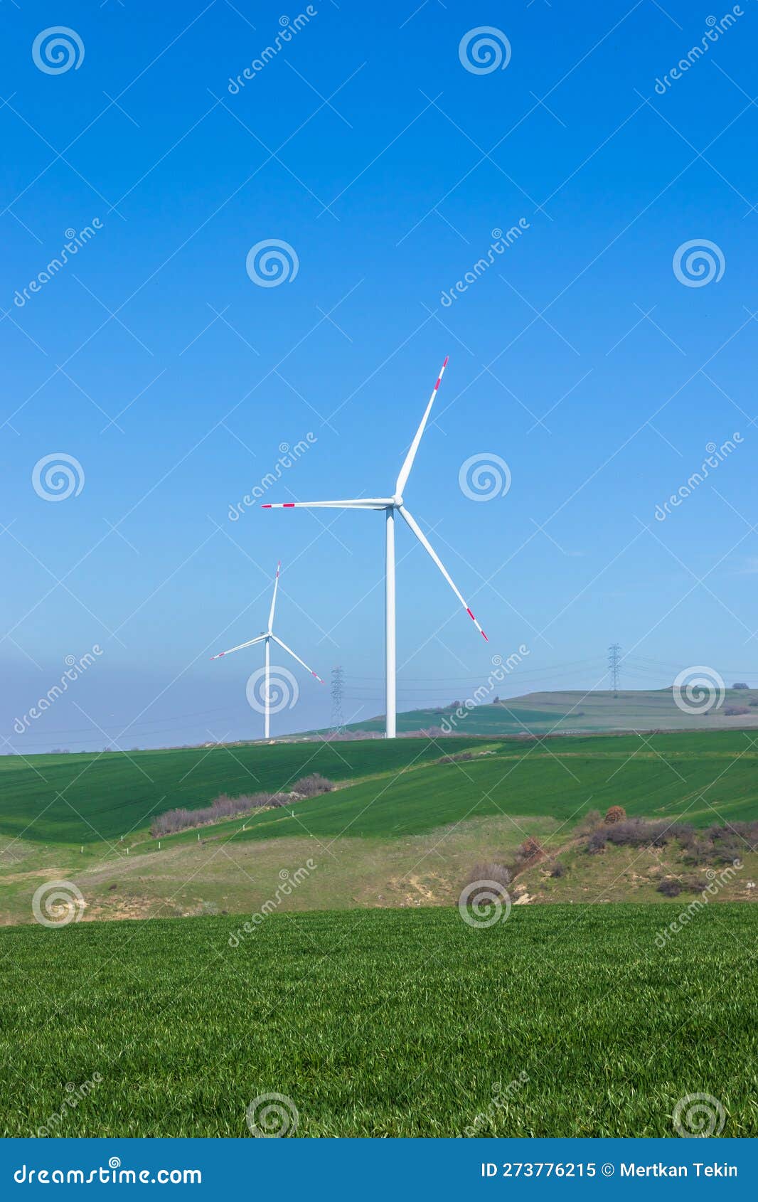 Wind Turbines Generating Energy from the Wind, in Nature, Clear Blue ...