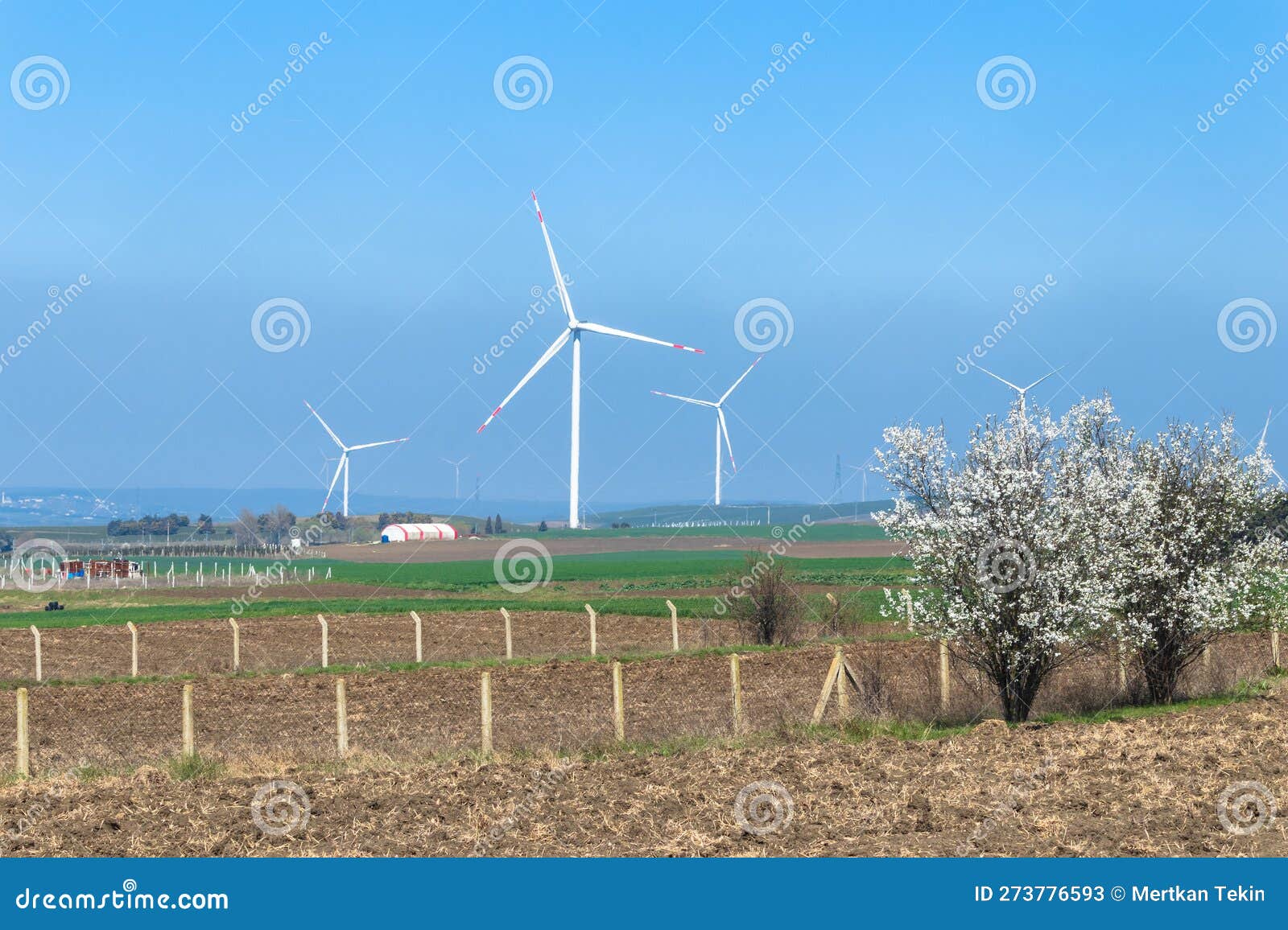 Wind Turbines Generating Energy from the Wind, in Nature, Clear Blue ...