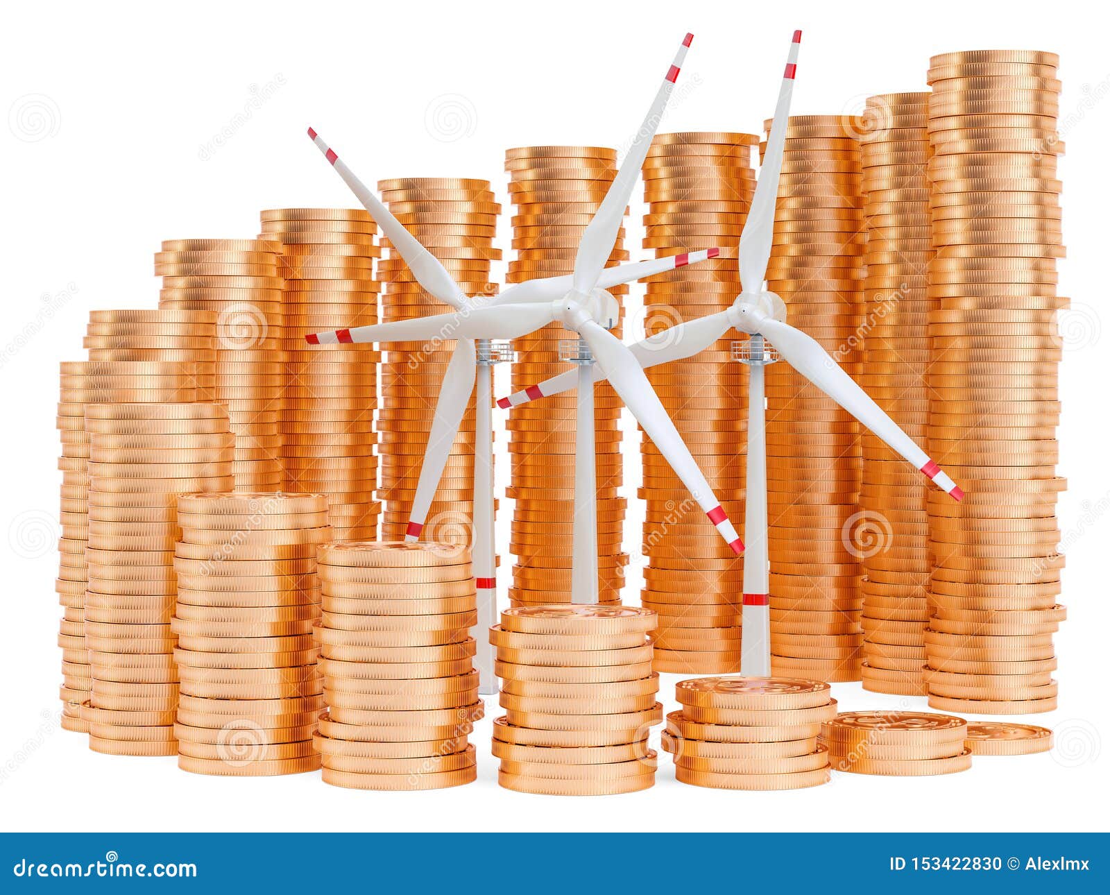 Wind Turbines with Growing Chart from Gold Coins Around. 3D Rendering ...