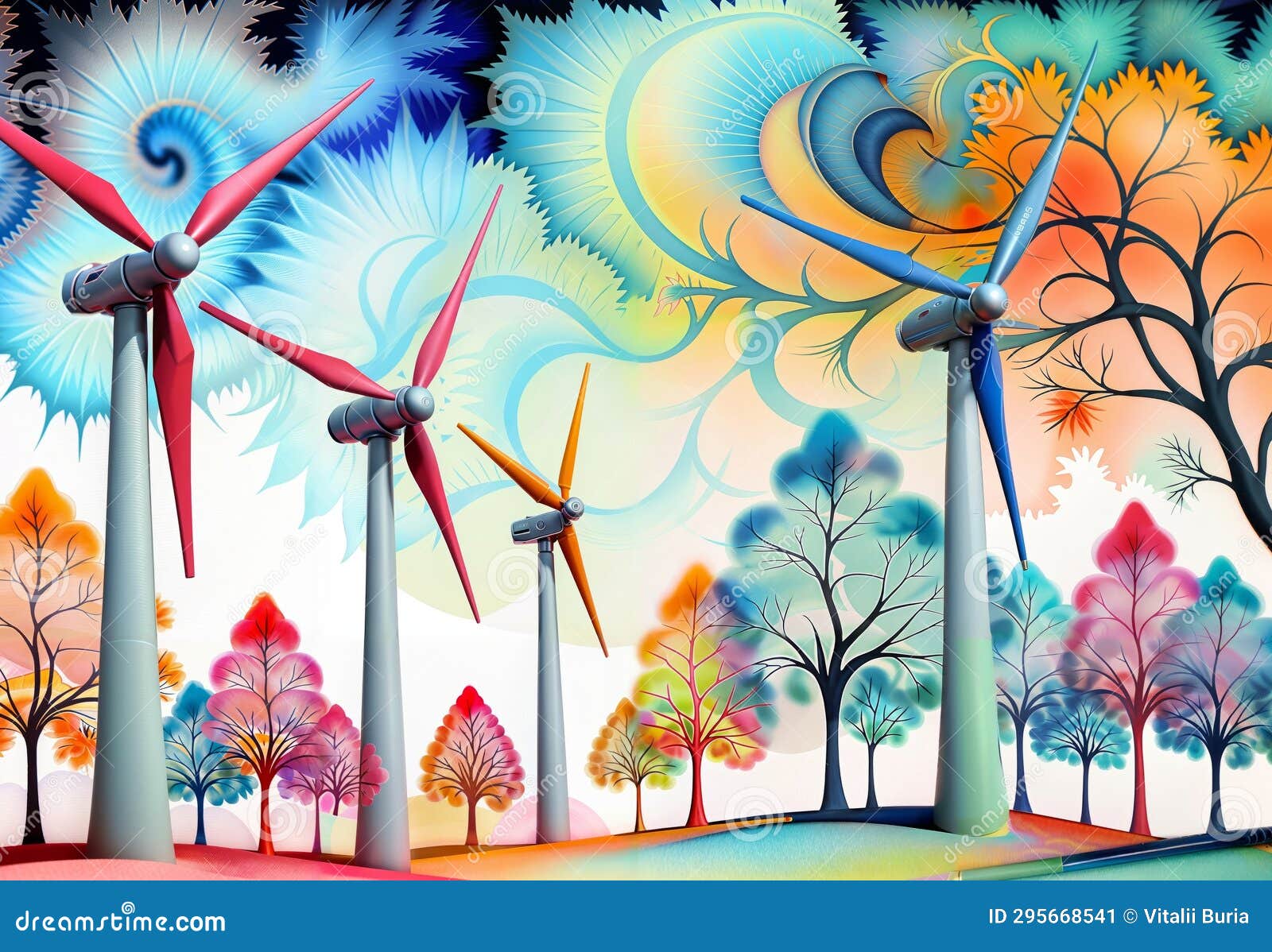 Wind Turbines in the Autumn Forest. 3d Illustration. Nature Background ...