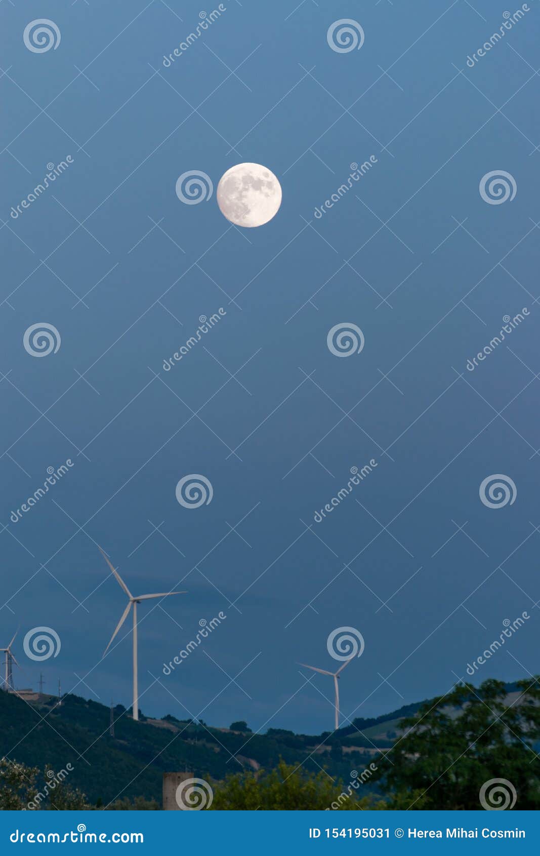 Wind Turbines at Night on the Hill in a Full Moon Night Stock Image ...