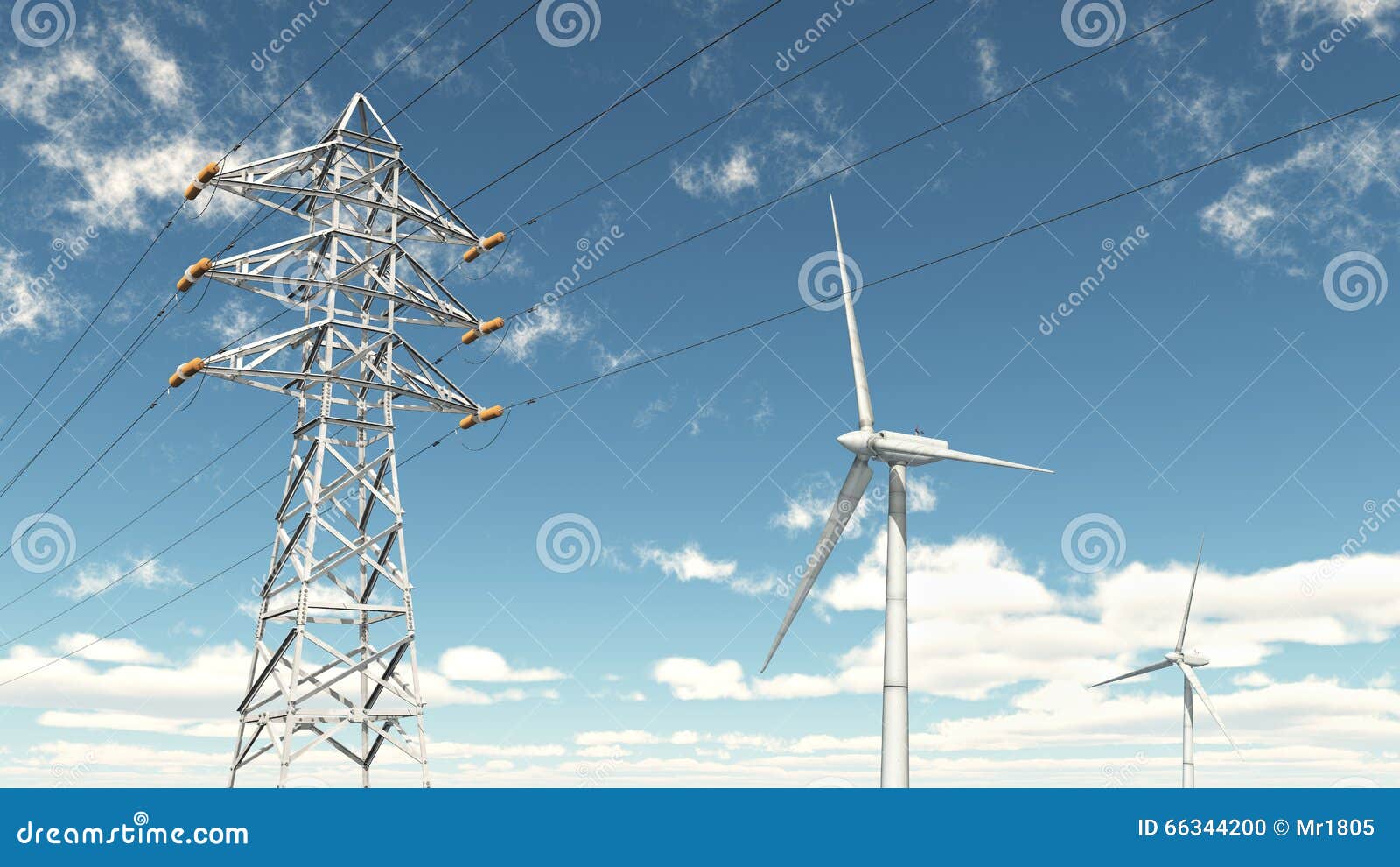 Wind Turbines and Overhead Power Line Stock Illustration - Illustration ...