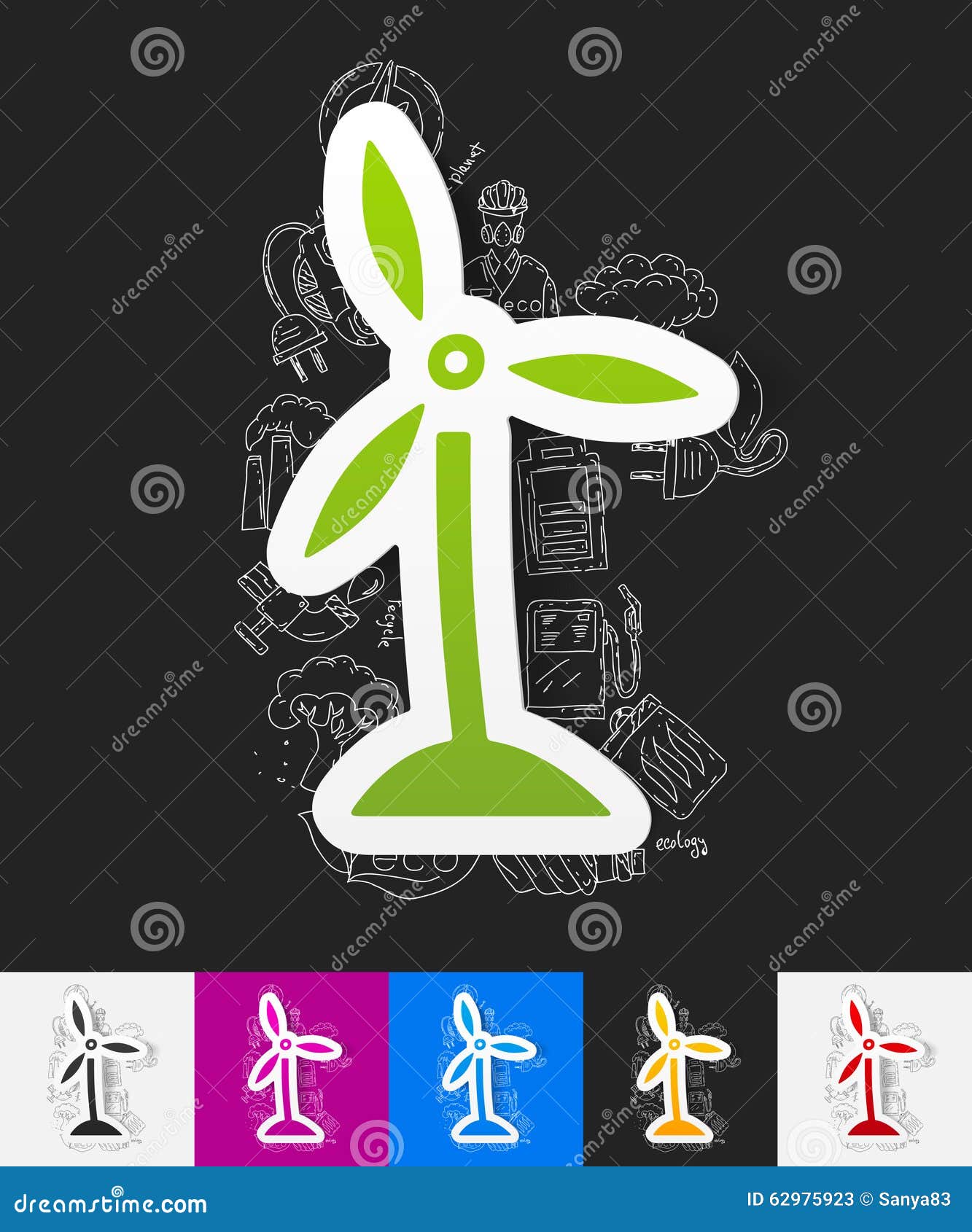 Wind Turbines Paper Sticker with Hand Drawn Stock Vector - Illustration ...