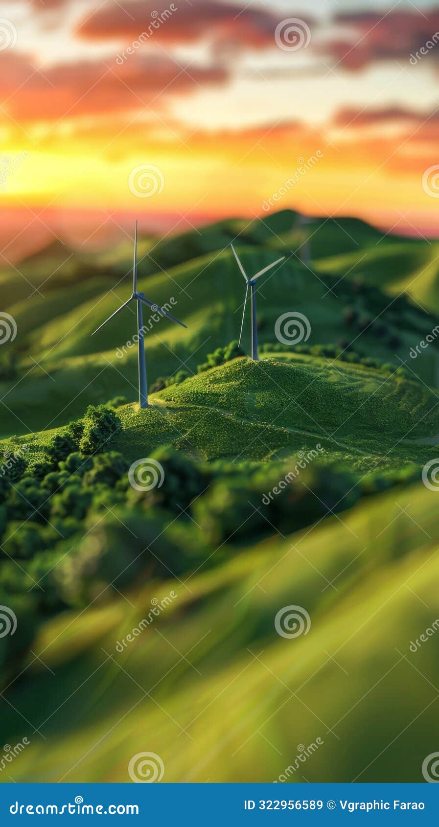 Wind Turbines on Rolling Hills during Sunset, Renewable Energy Concept ...