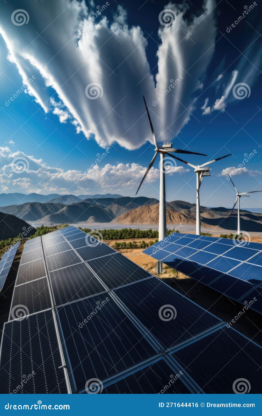 Wind Turbines and Solar Panels with Clouds on Sky, Created Using ...