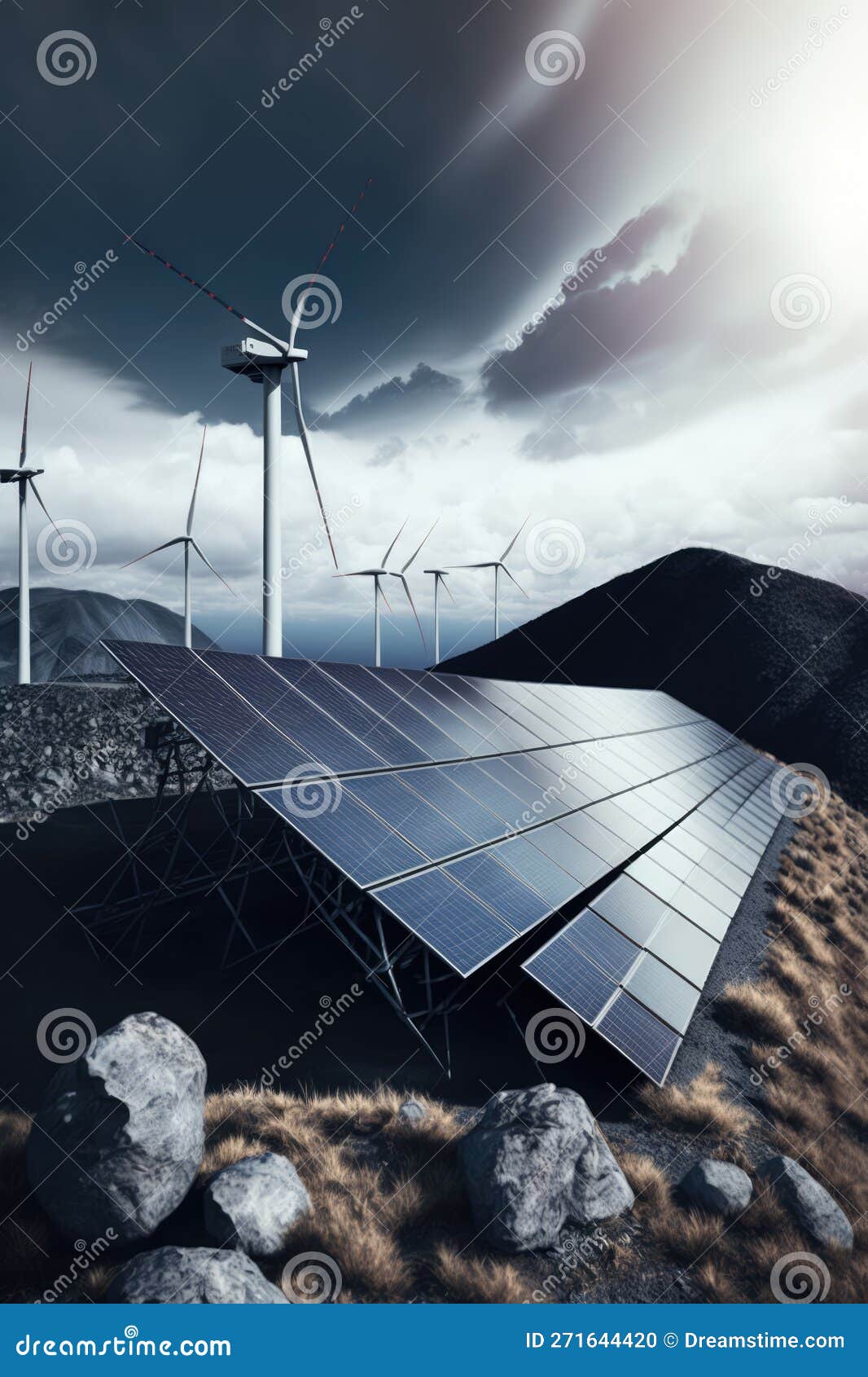Wind Turbines and Solar Panels with Clouds on Sky, Created Using ...