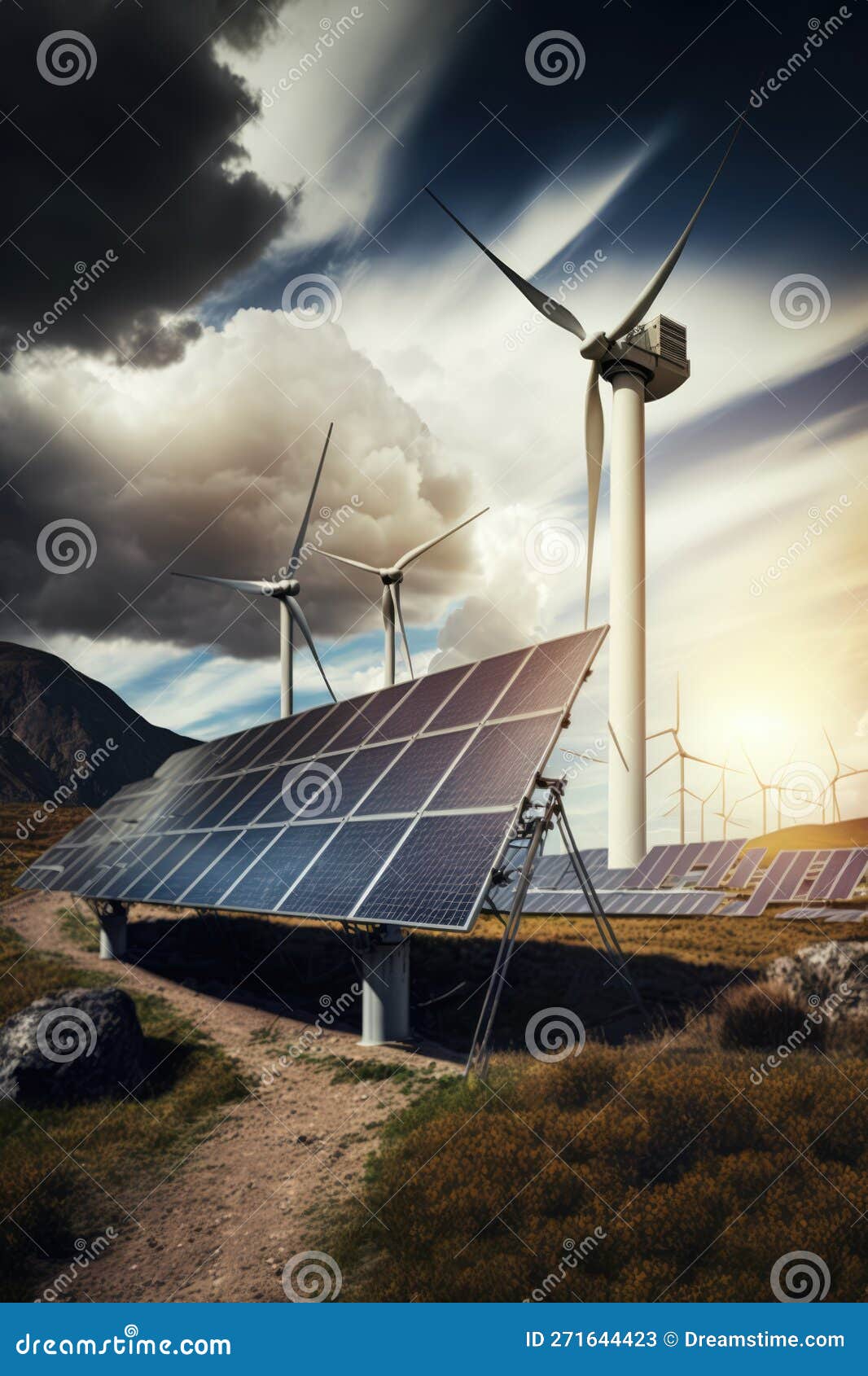 Wind Turbines and Solar Panels with Clouds on Sky, Created Using ...