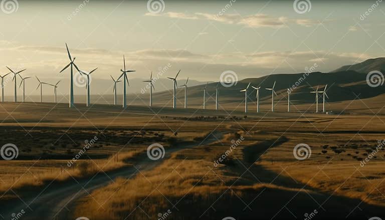Wind Turbines Turning in a Row, Powering Sustainable Resources ...