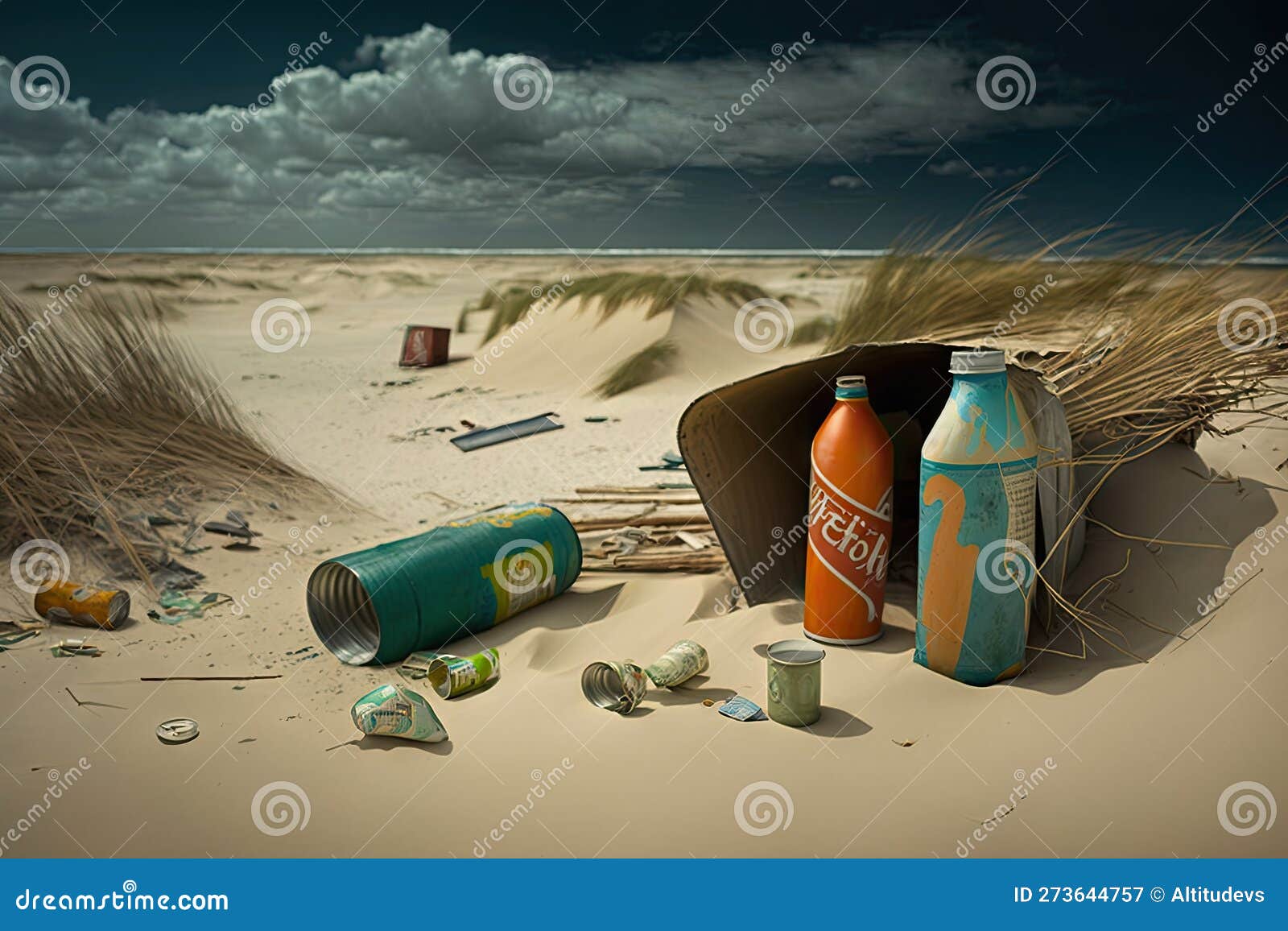 Windblown Beach with Discarded Bottles, Cans, and Other Trash Stock ...