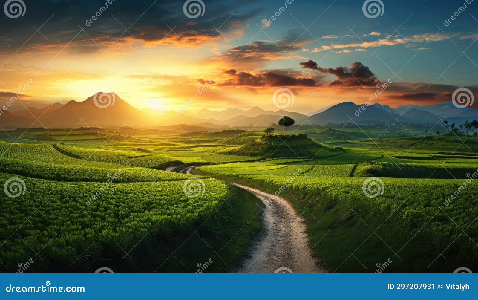 A Winding Dirt Path at Sunrise in a Rural Area Passing through a Field ...