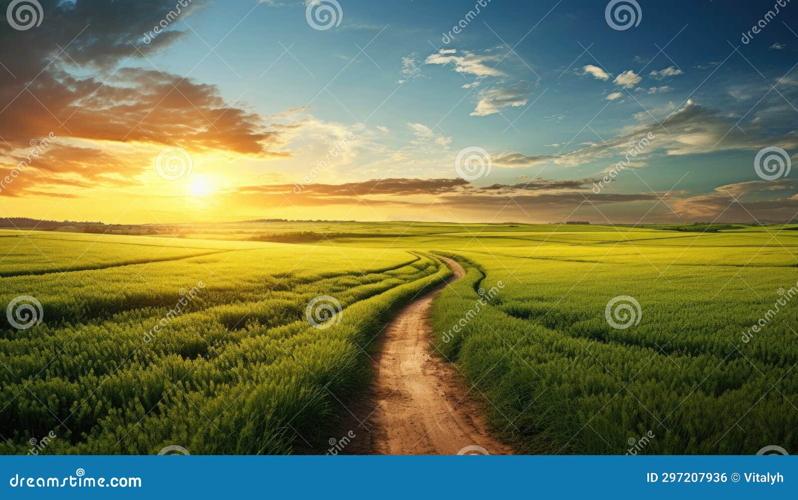 A Winding Dirt Path at Sunrise in a Rural Area Passing through a Field ...