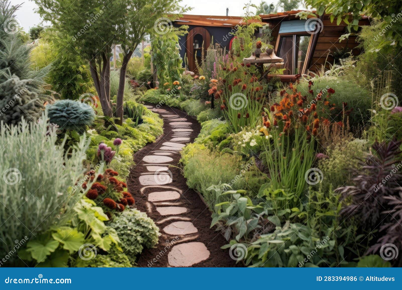 A Winding Garden Path Lined with Assorted Edible Plants Stock Photo ...