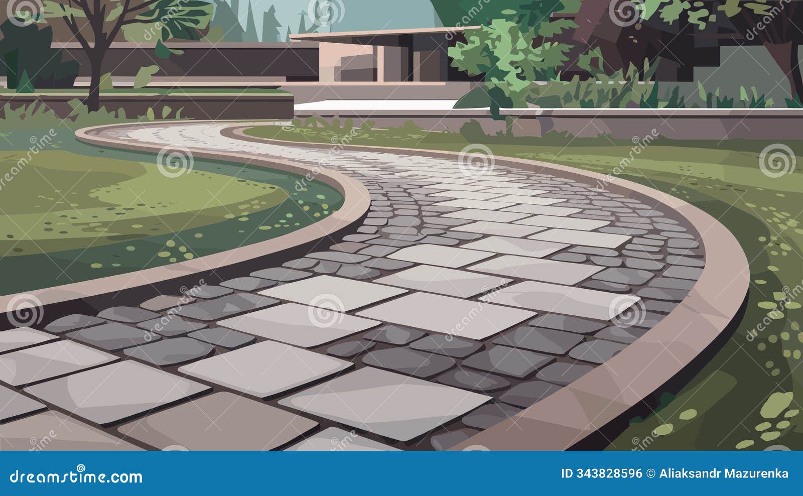 Winding Garden Path Paved with Mosaic of Concrete Blocks and Basalt ...