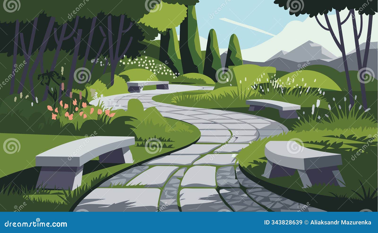 Winding Garden Path Paved with Mosaic of Concrete Blocks and Basalt ...