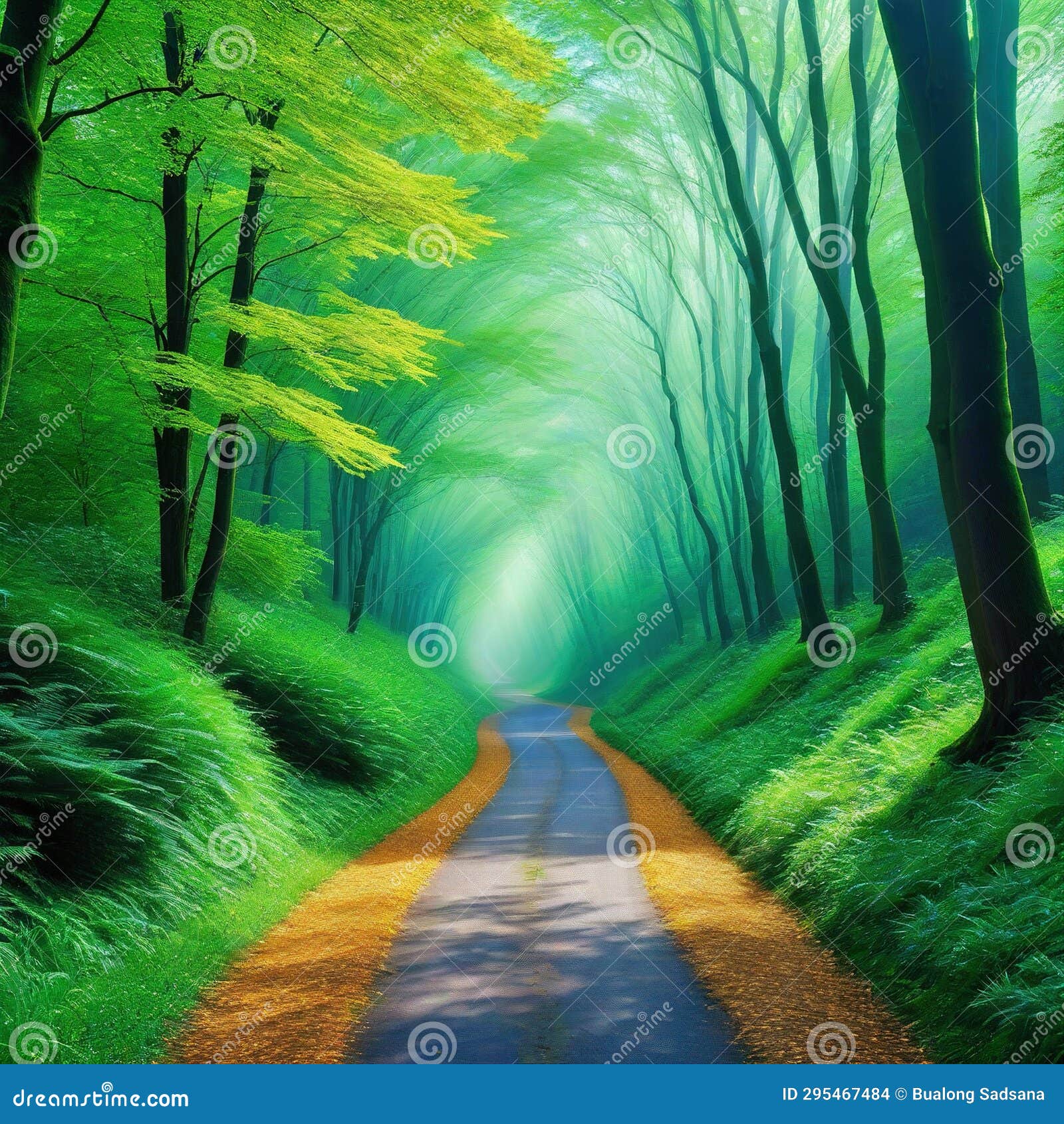 A Winding Path Through A Dense With Rays Of Sunlight Peeking Through ...