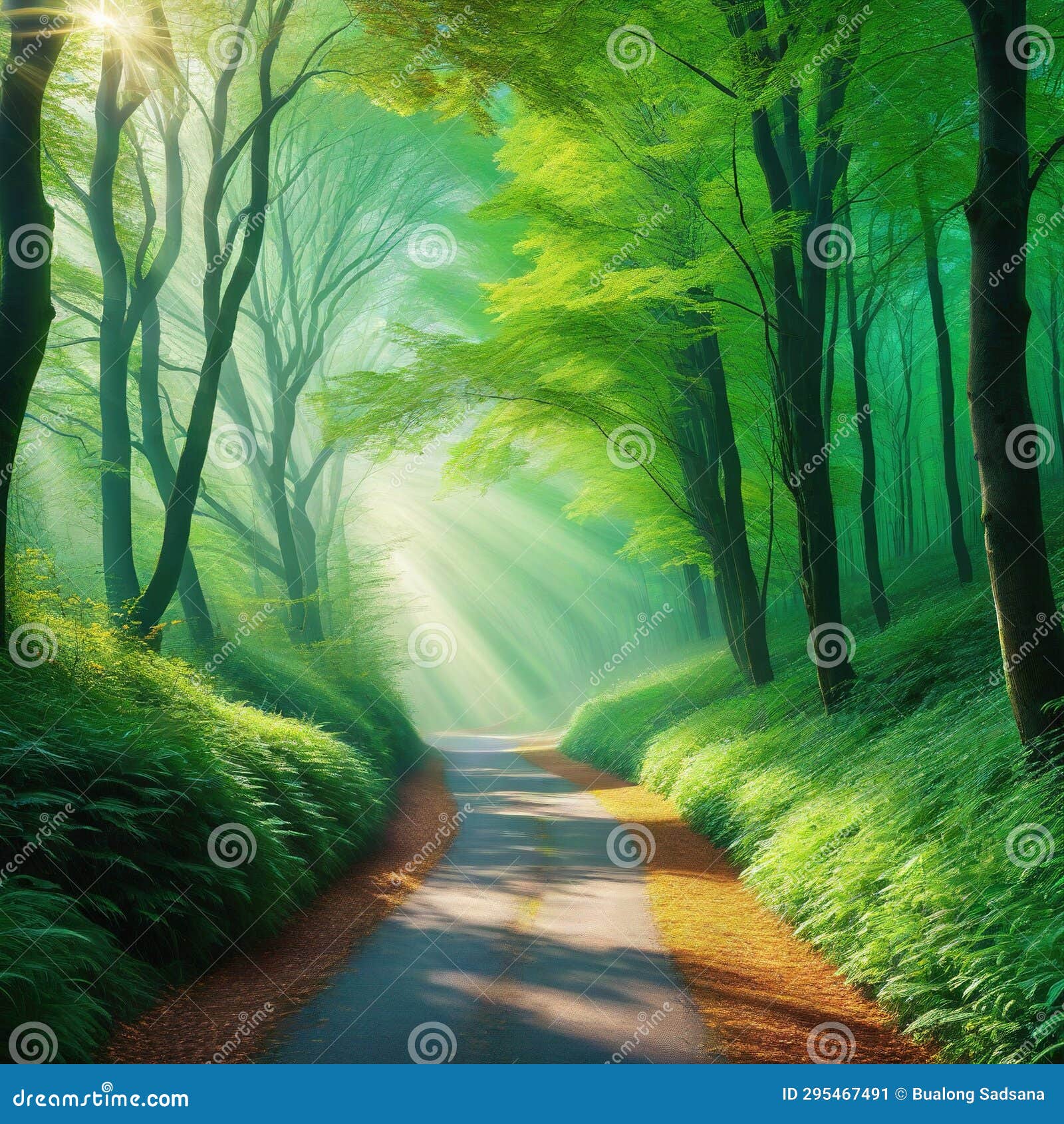 A Winding Path through a Dense with Rays of Sunlight Peeking through ...