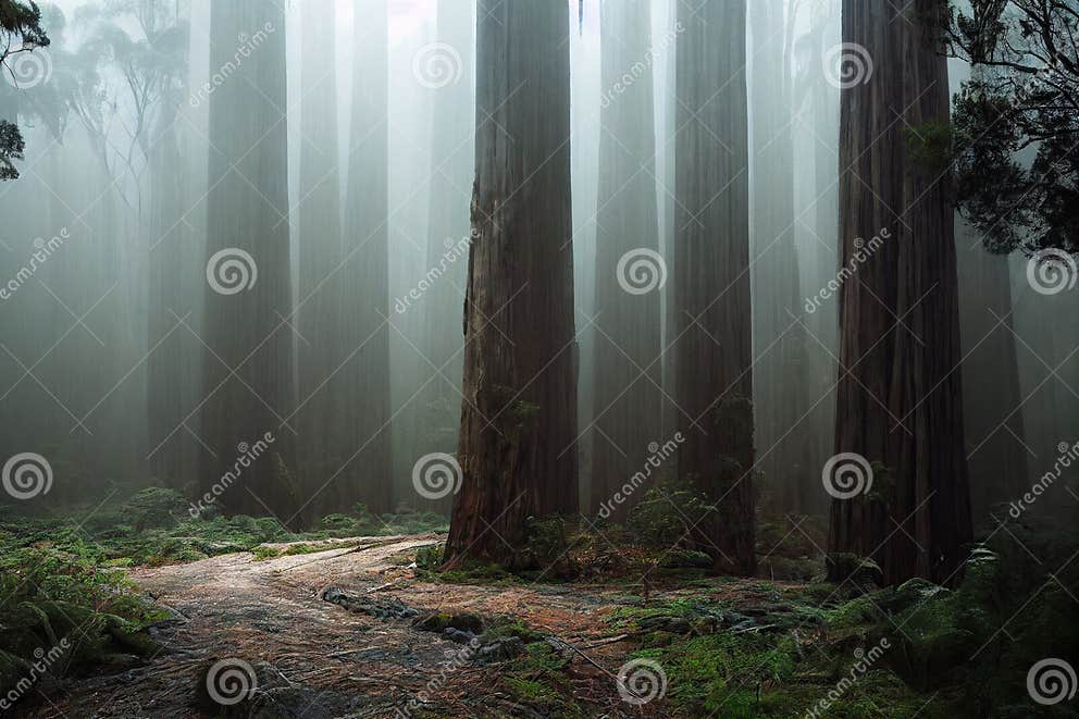 Winding Path into Sequoia Forest among Redwood Trees Stock Illustration ...