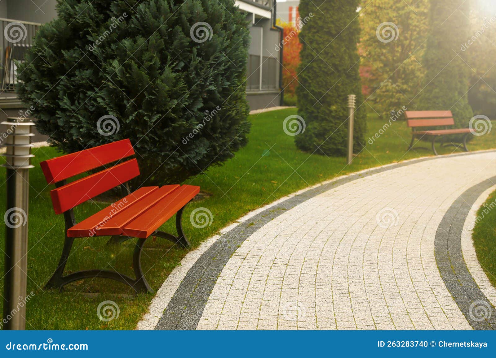 Winding Pathway with Beautiful Bushes and Benches in Park Stock Photo ...