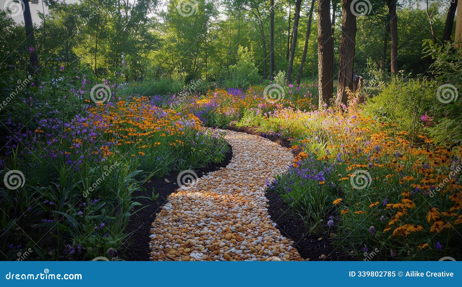 Winding Pathway through a Vibrant Flower Garden Surrounded by Lush ...