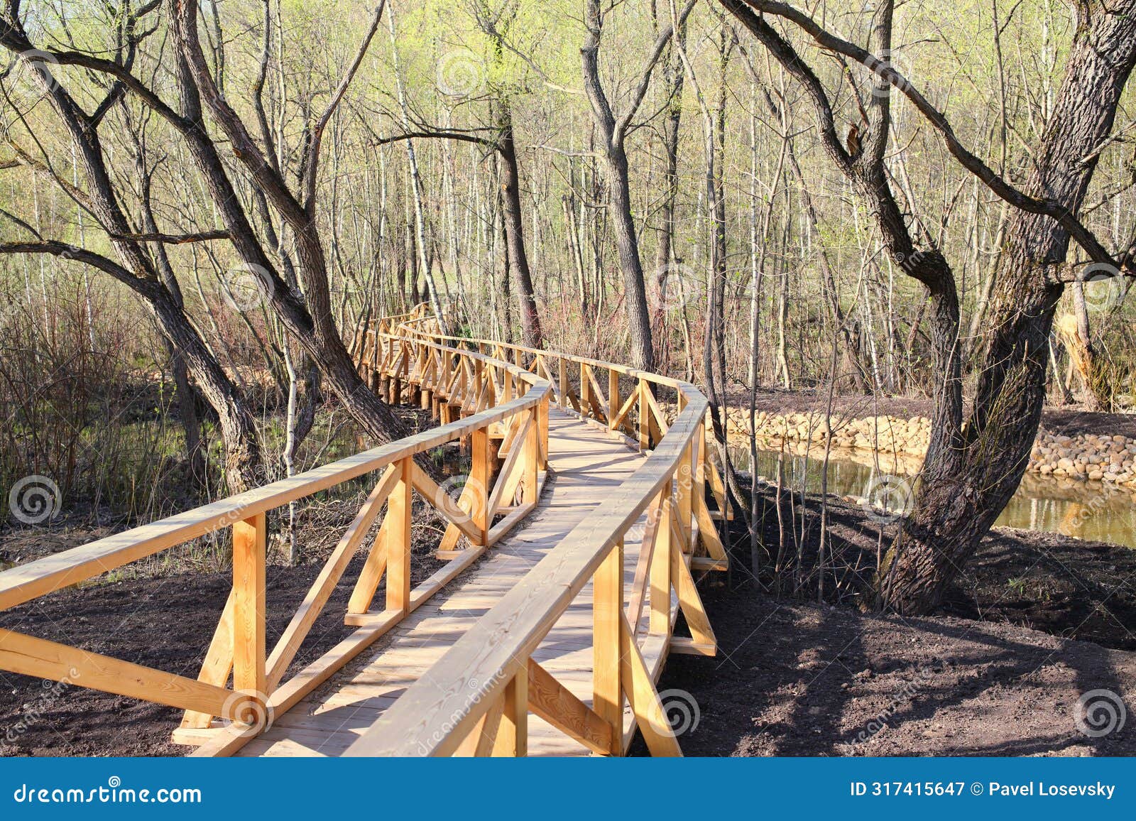 Winding Pedestrian Wooden Bridge in Park in Stock Image - Image of ...