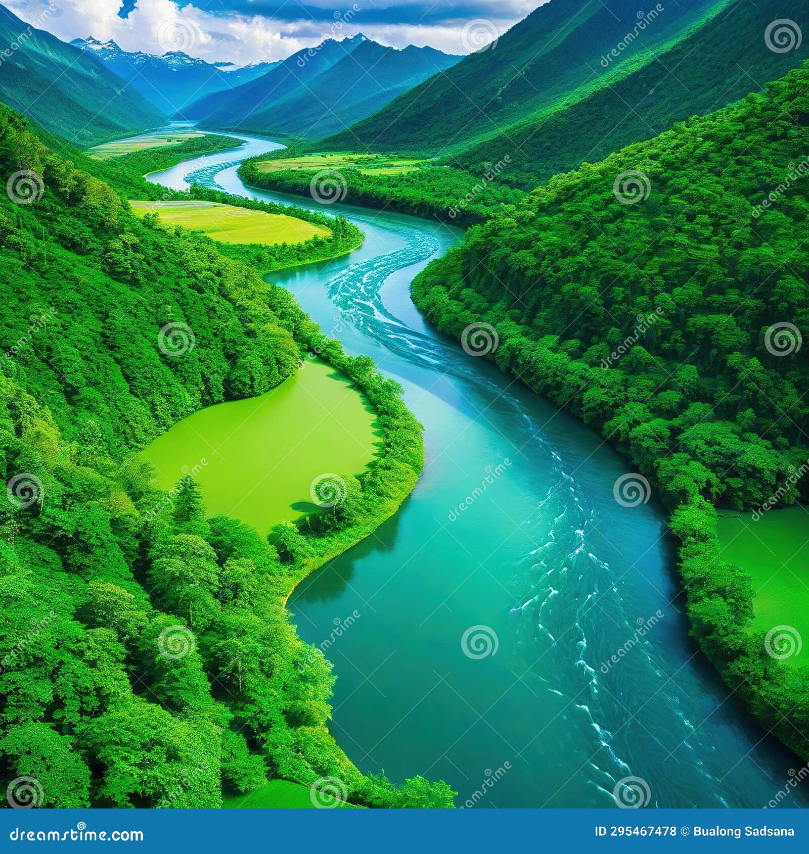 A Winding River Flowing Through The With Exotic Plants And Wildlife