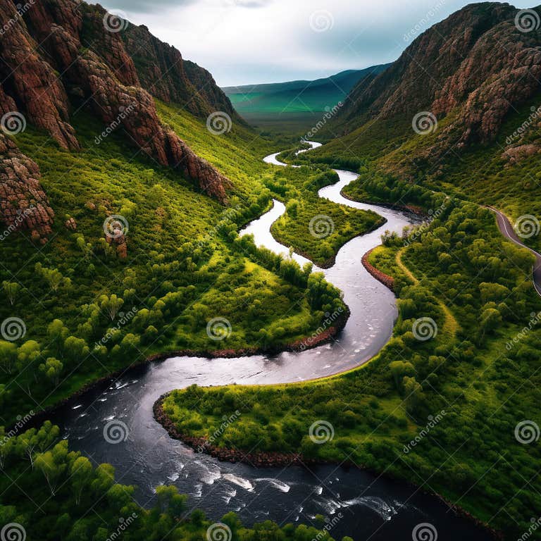 A Winding River between Mountains Stock Illustration - Illustration of ...