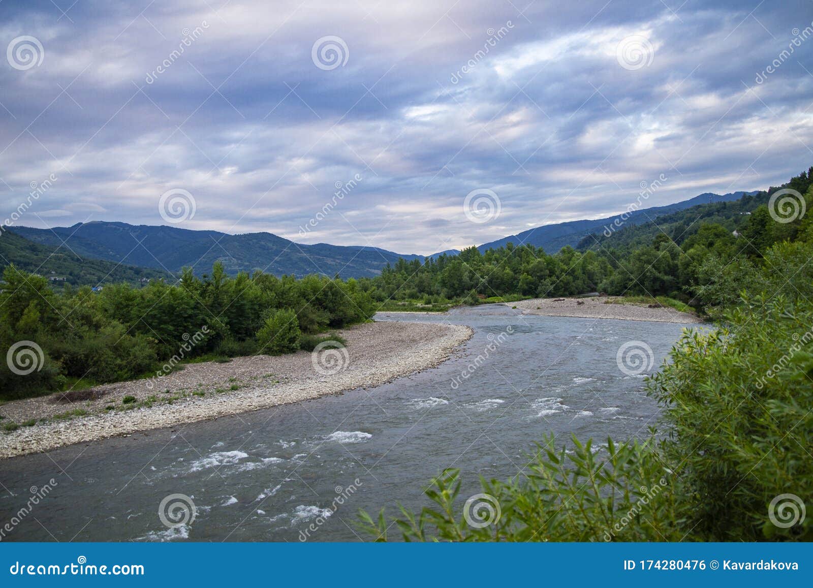Winding River in the Mountains at Sunset Stock Photo - Image of green ...