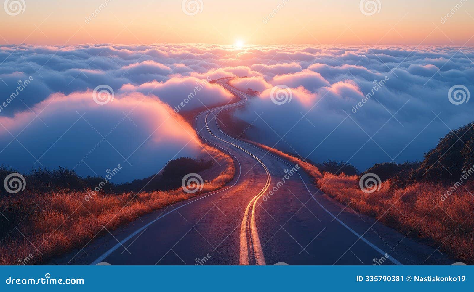 Winding Road Above Clouds at Sunrise, Tranquil Journey Concept Stock ...