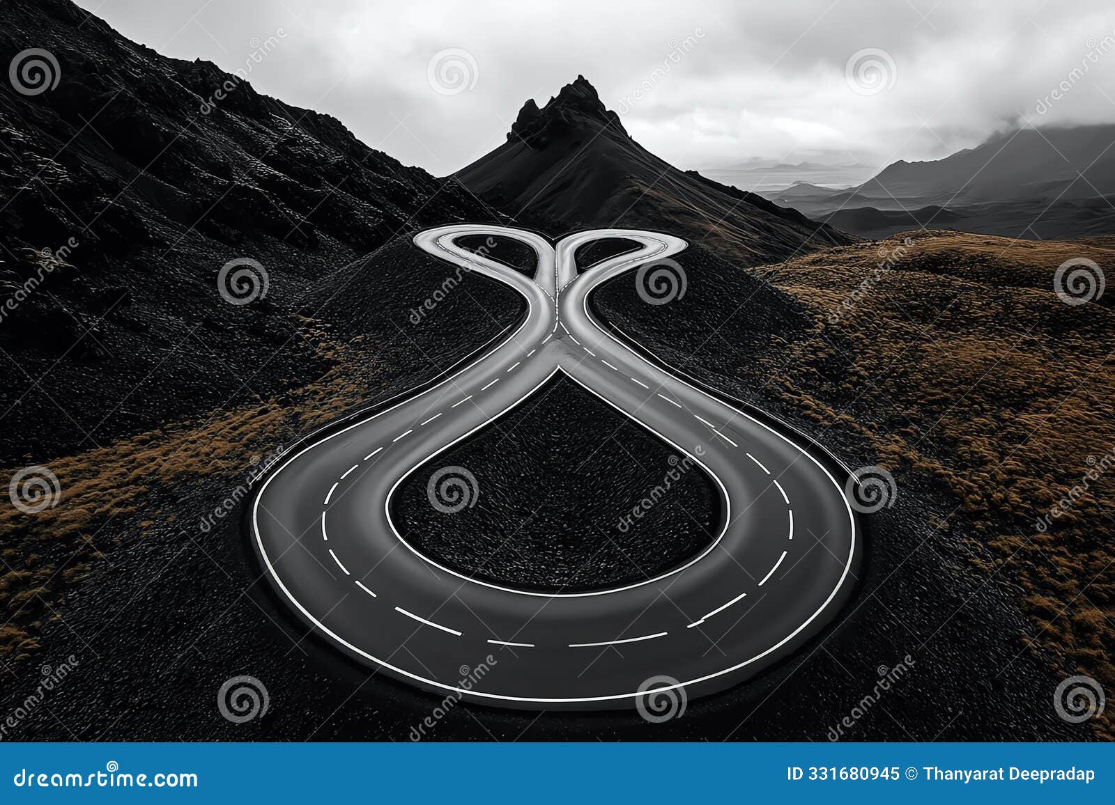 A Winding Road Curves through a Mountainous Landscape Under a Cloudy ...