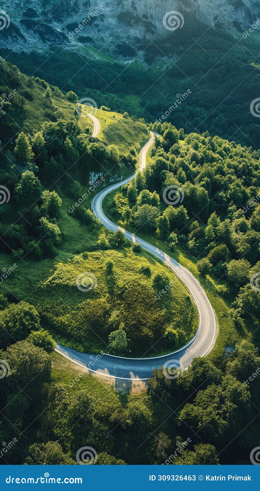 Winding Road among Greenery and Mountains, Vertical Frame Stock Image ...