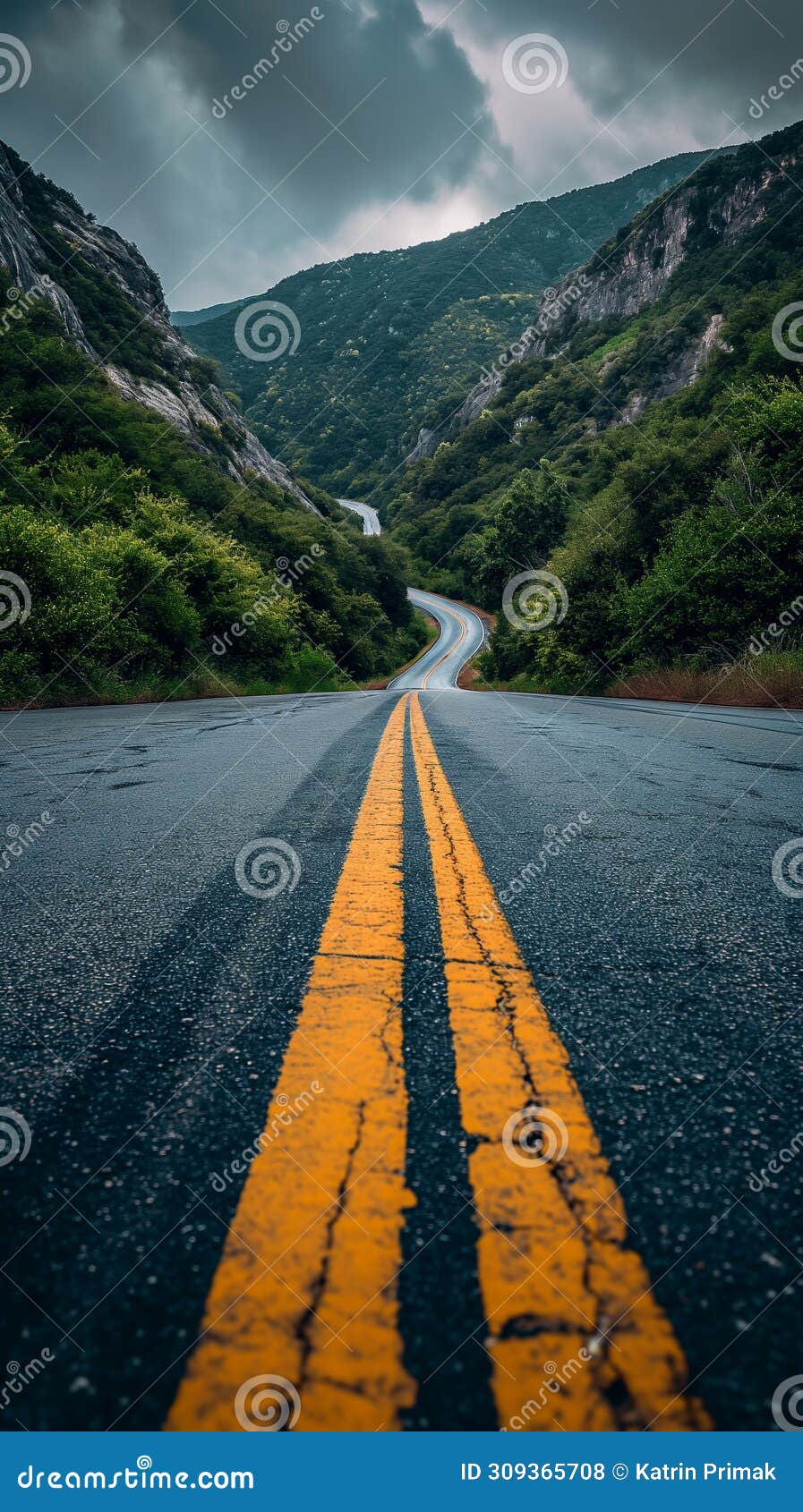 Winding Road among Greenery and Mountains, Vertical Frame Stock Photo ...