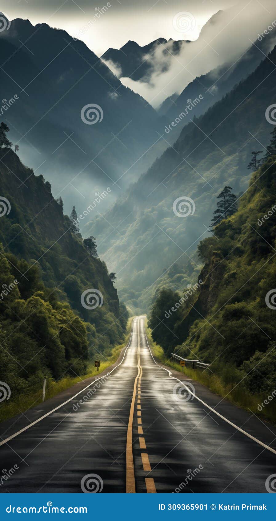 Winding Road among Greenery and Mountains, Vertical Frame Stock Image ...