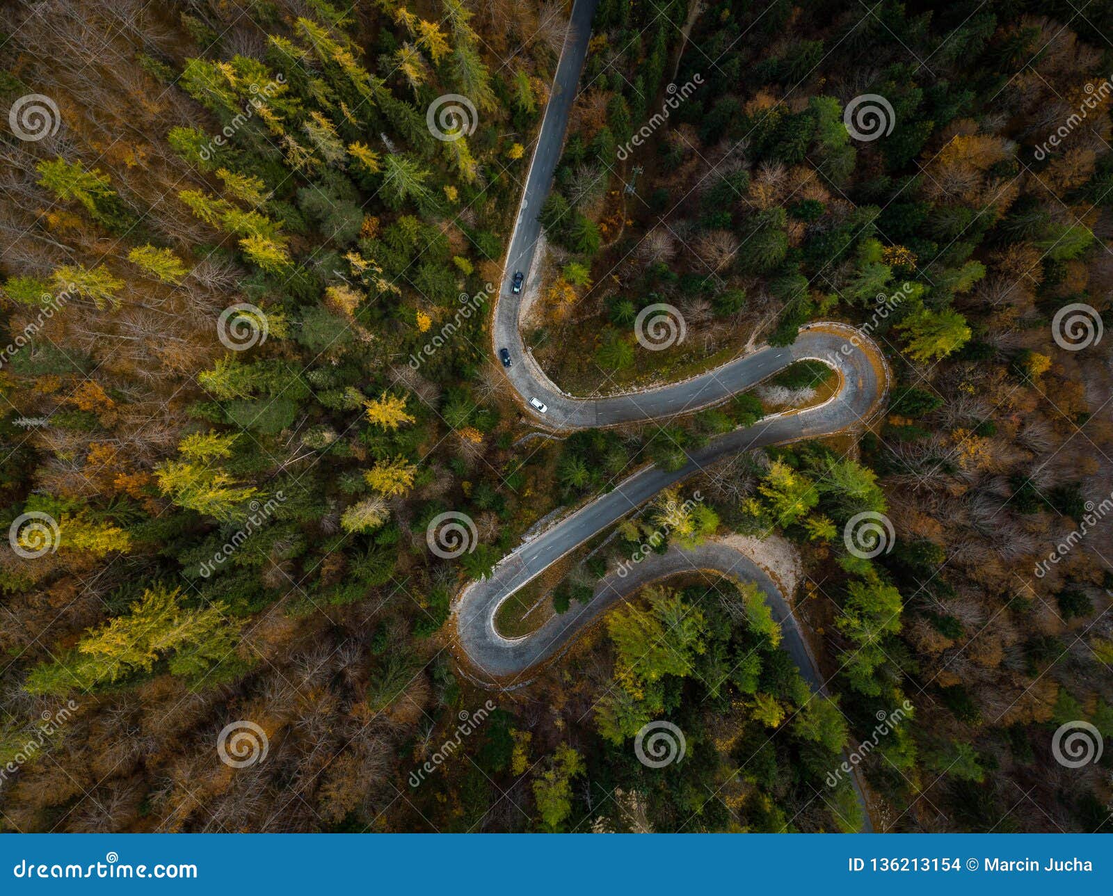 Winding Road in Mountains, Fall Woodlands, Drone View from Above Stock ...