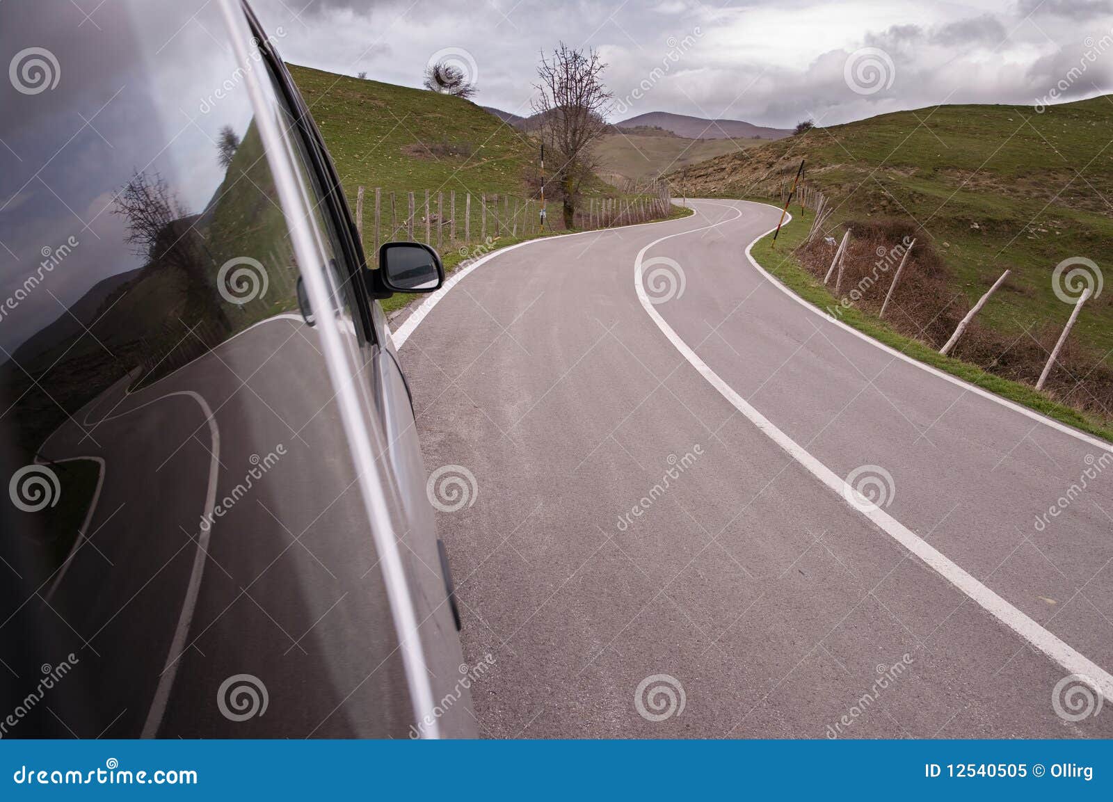 Winding Road is Reflected on Side Glass of a Car Stock Image - Image of ...