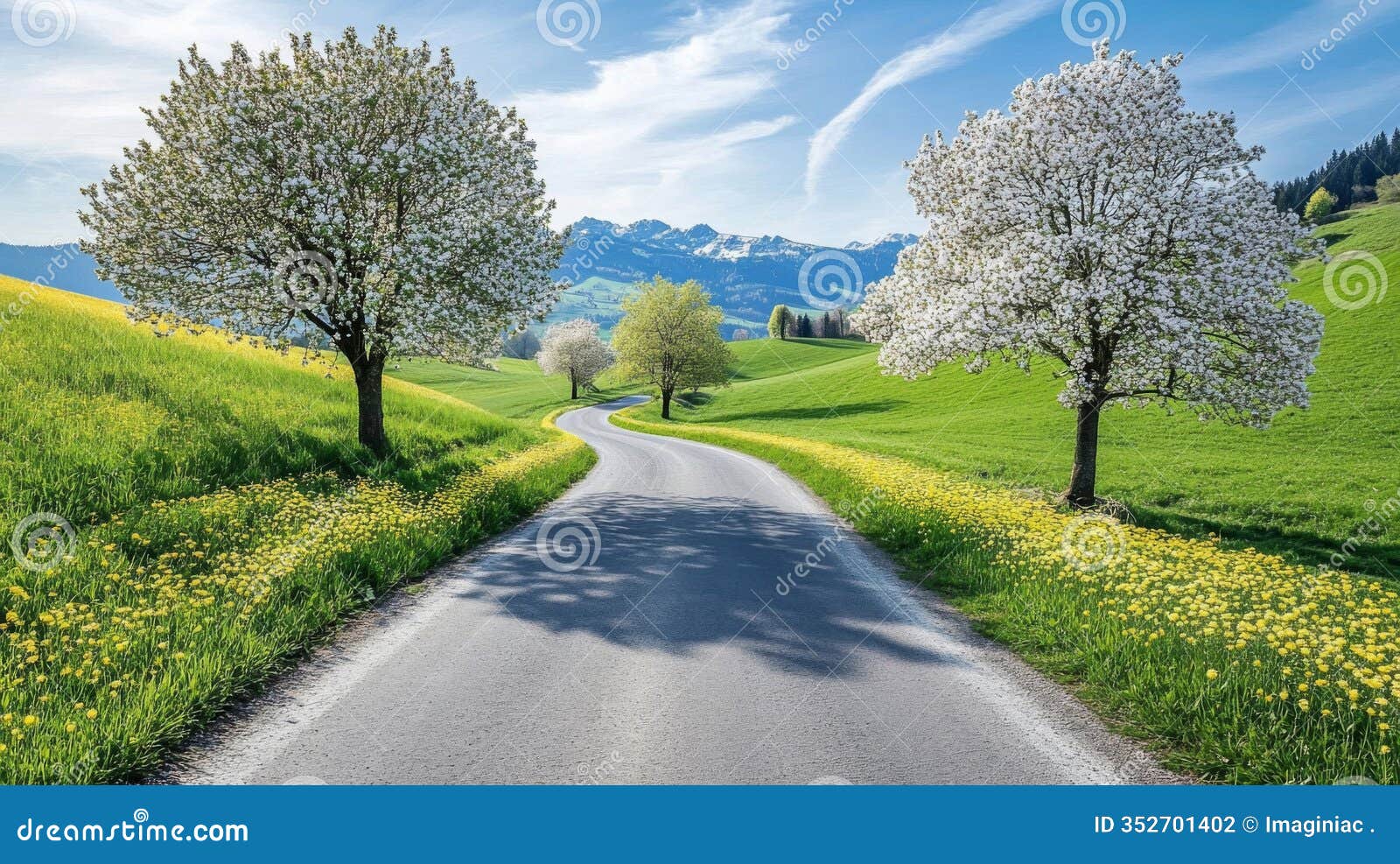 Winding Road through Spring Blossoms and Mountains Stock Illustration ...