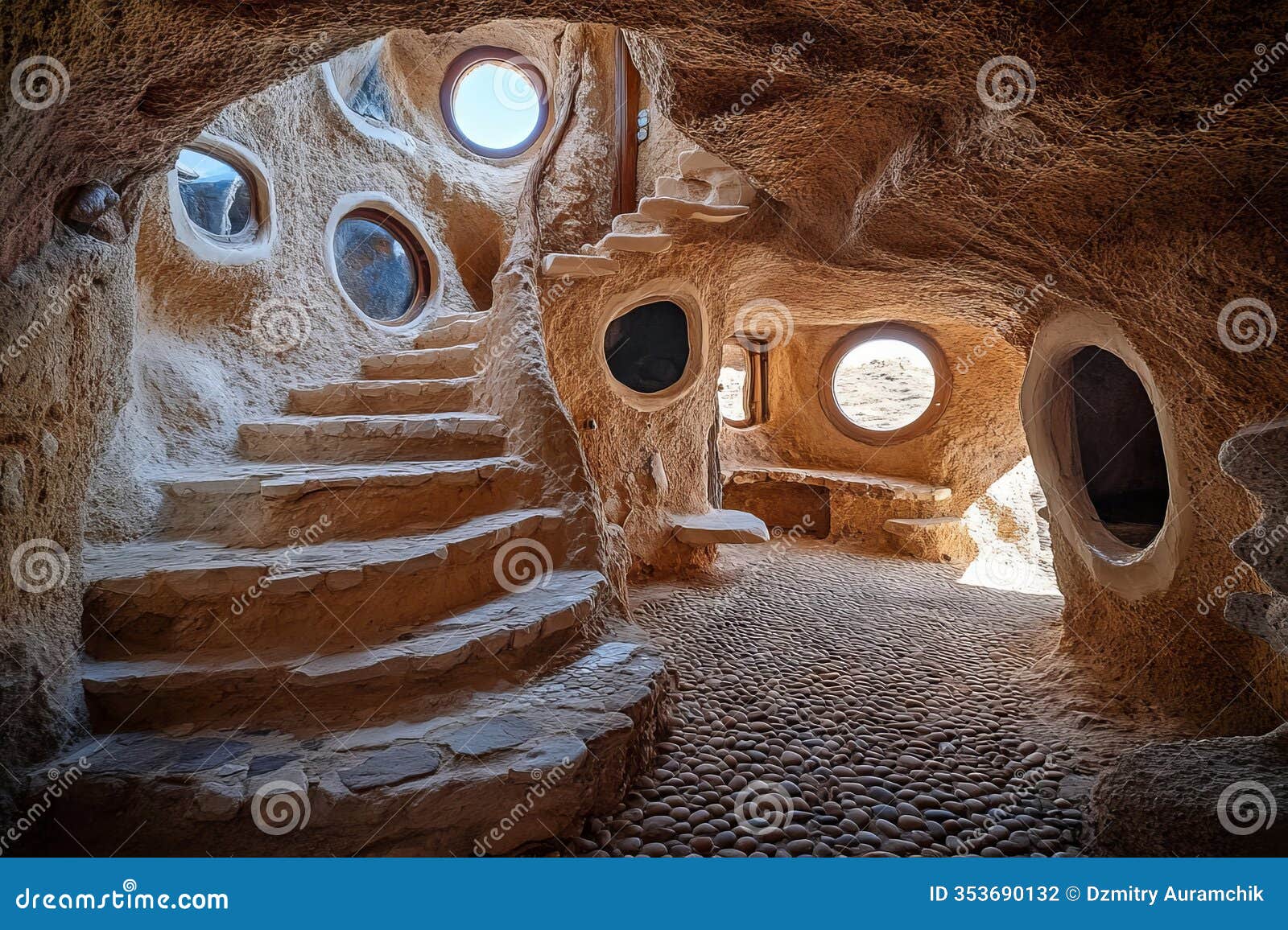 A Winding Staircase and Stonework Light Up the Cave Pathway Stock Photo ...