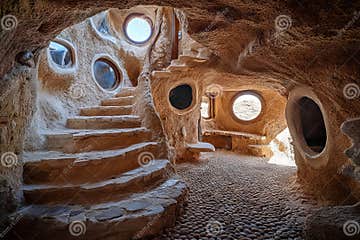 A Winding Staircase and Stonework Light Up the Cave Pathway Stock Photo ...