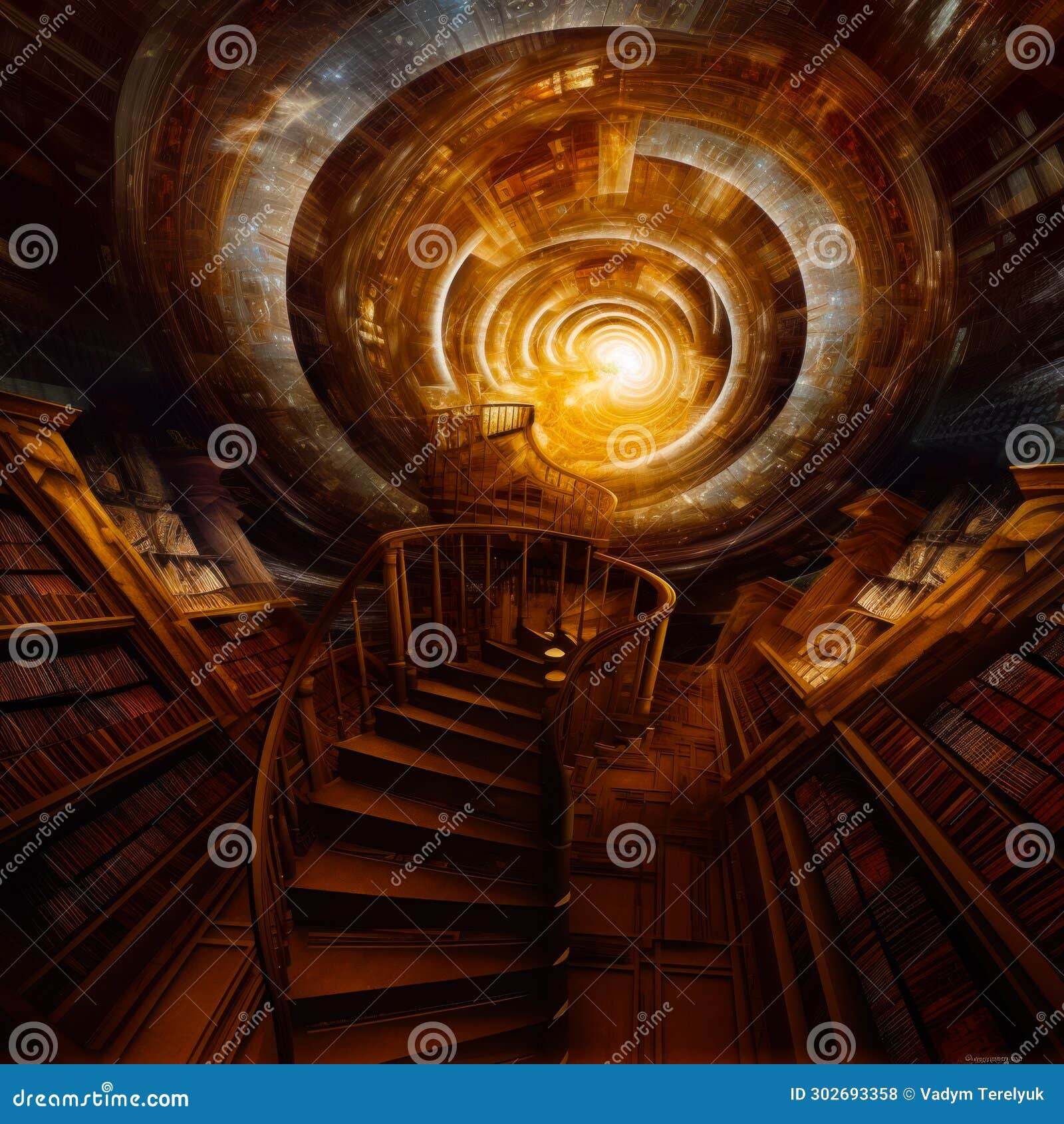 Winding Stairs among the Multiple Bookshelves. Bright Light Spot at ...