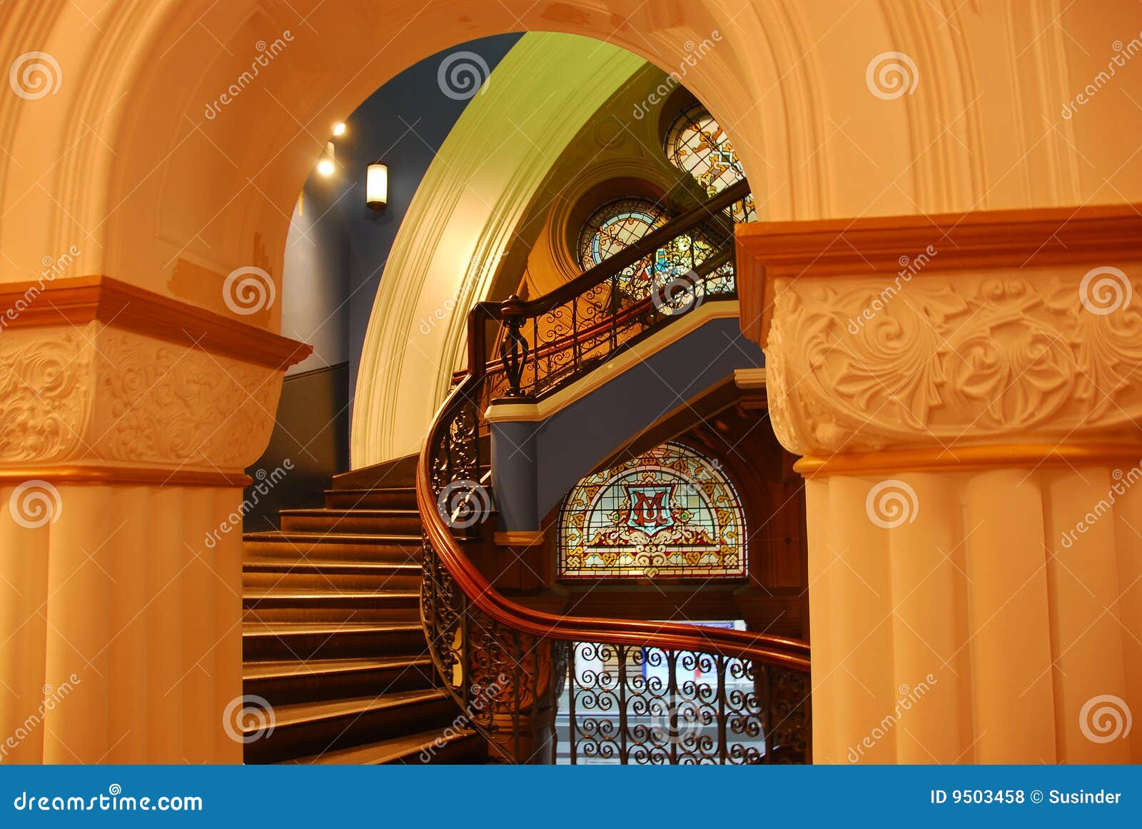 Winding Stairway & Stained Glass Window Stock Photo - Image of stairway ...