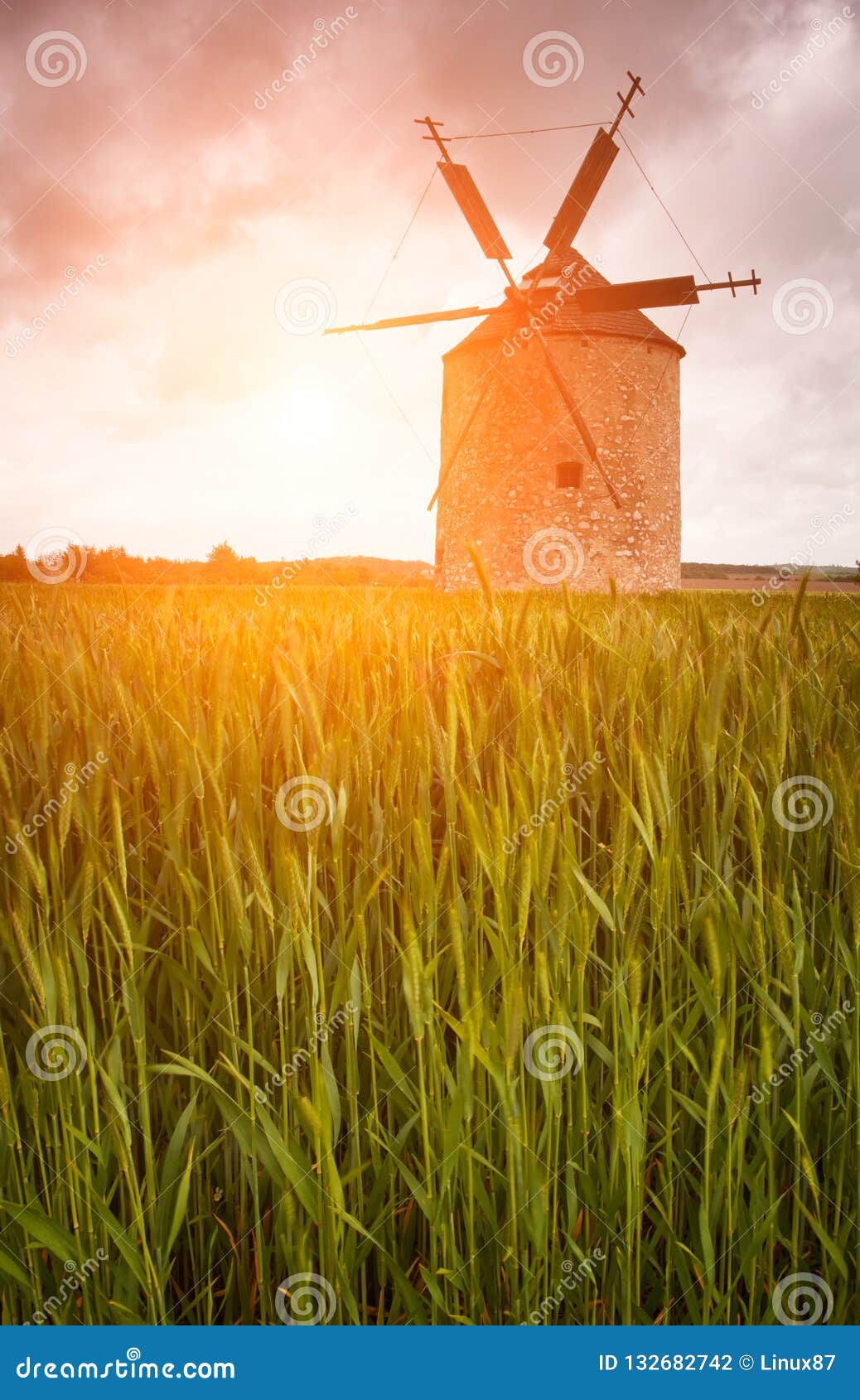 Windmill on wheatfield stock photo. Image of monument - 132682742