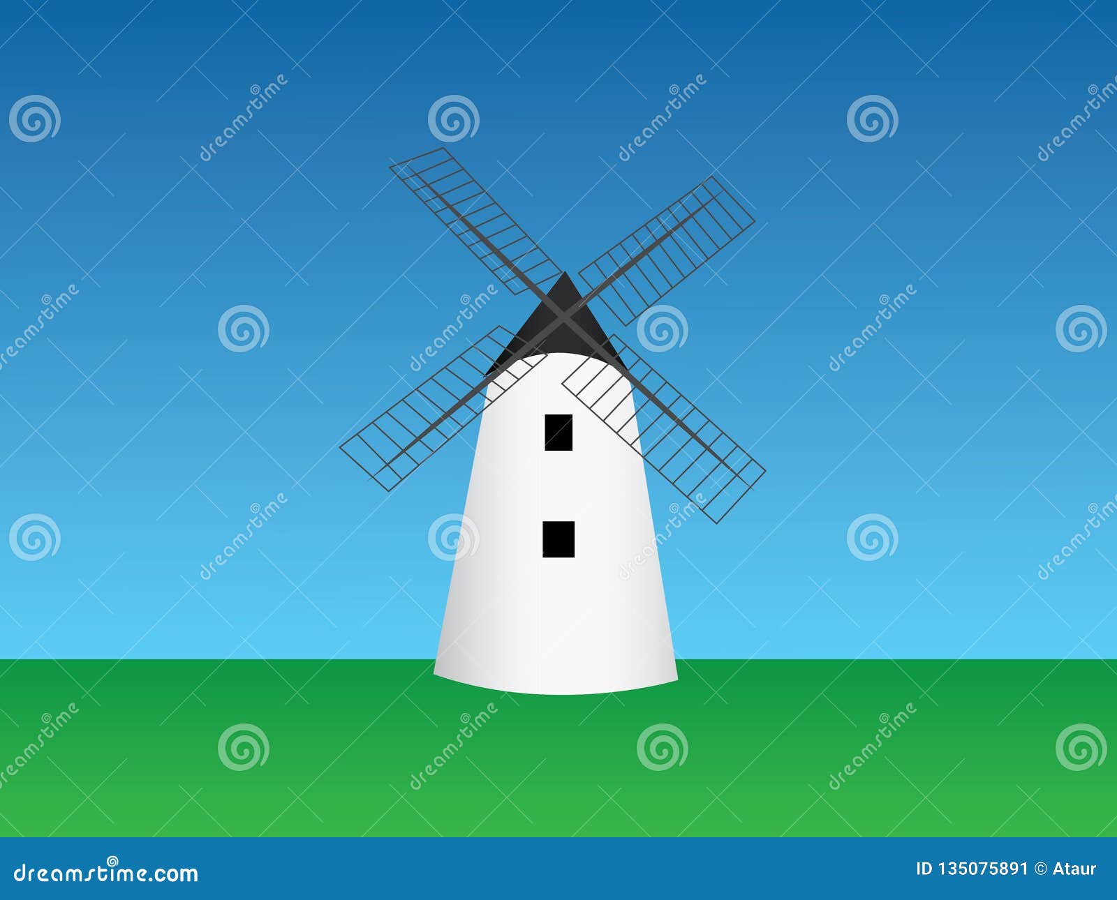 A Cool Traditional Windmill House Vector in Open Green Field and Blue ...