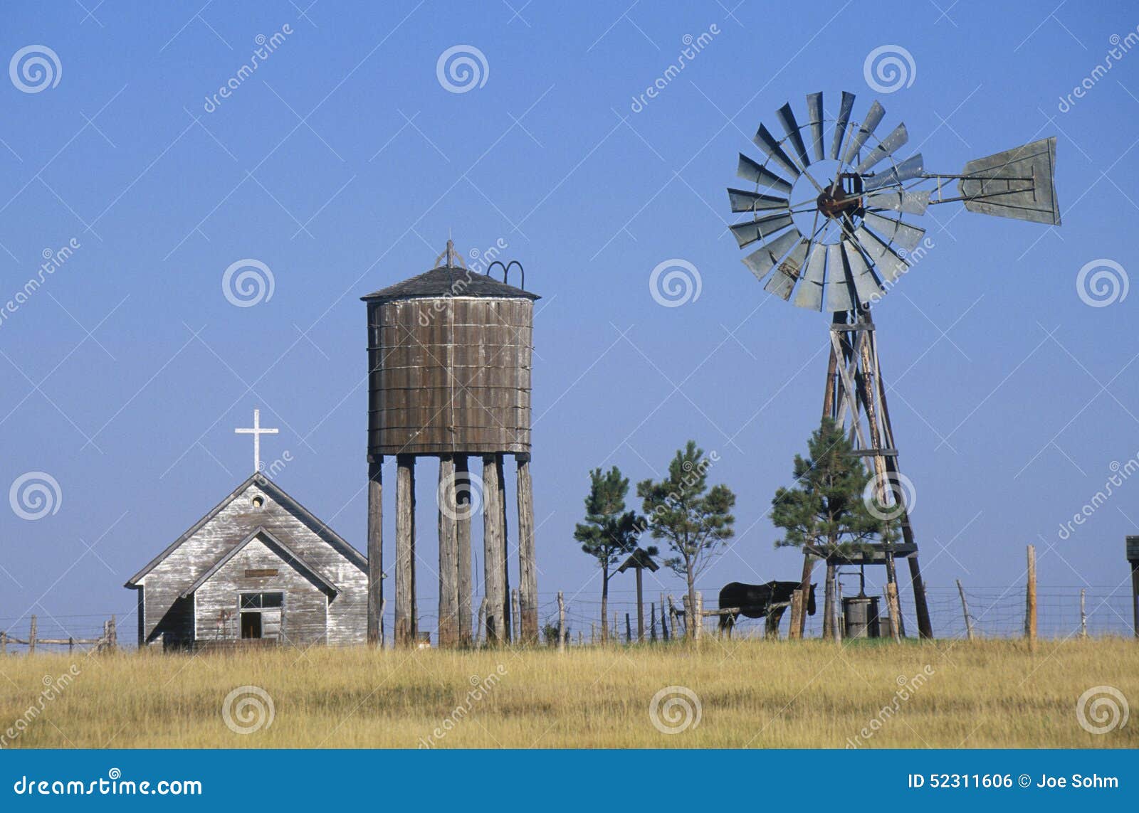 Windmill and Abandoned Prairie Church, WY Stock Photo - Image of north ...
