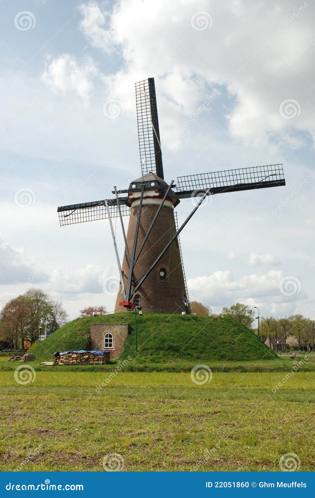 Windmill (back) in Dutch Landscape with Clouds Stock Photo - Image of ...