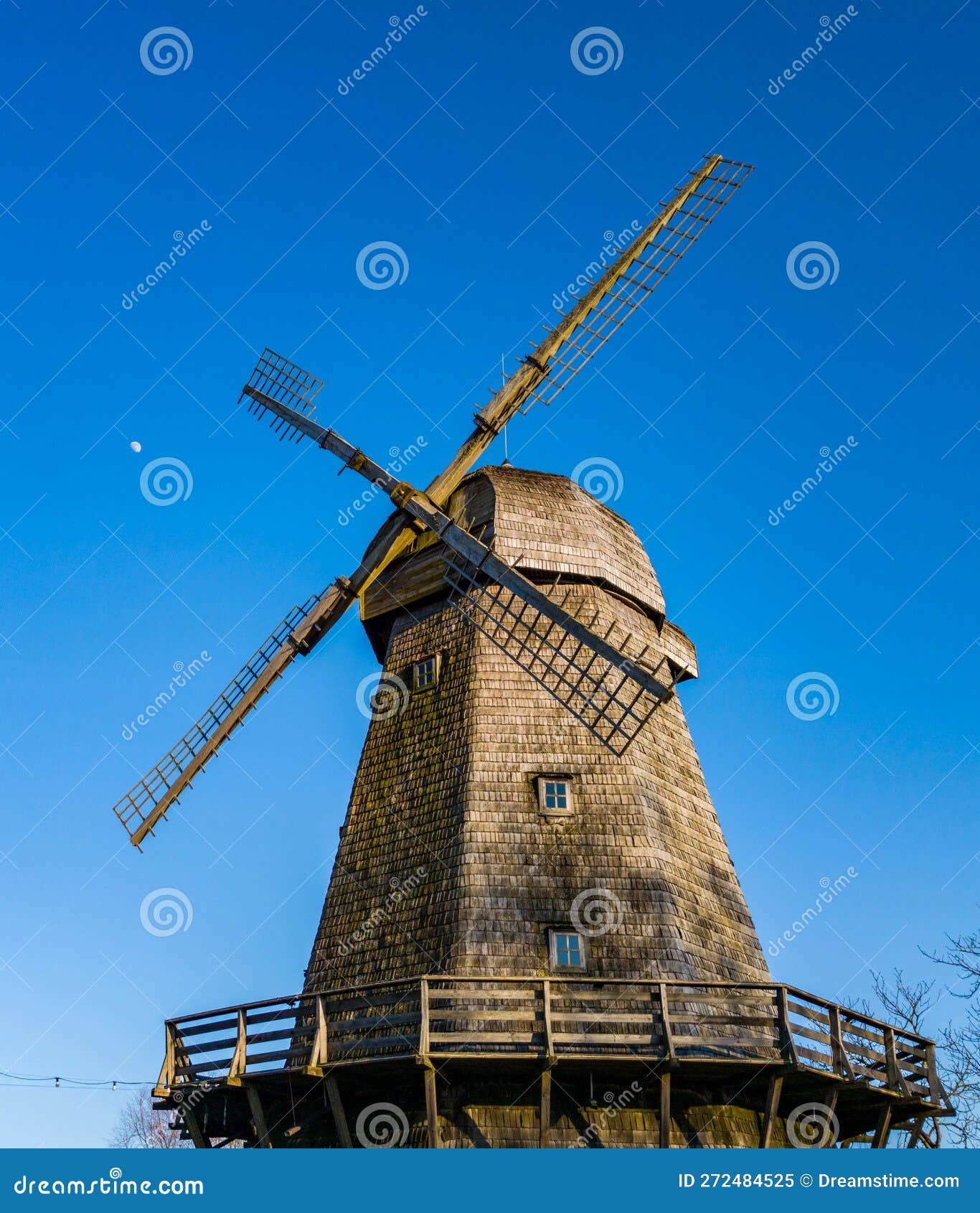 Windmill with Blue Sky with Moon in Background. Stock Image - Image of ...