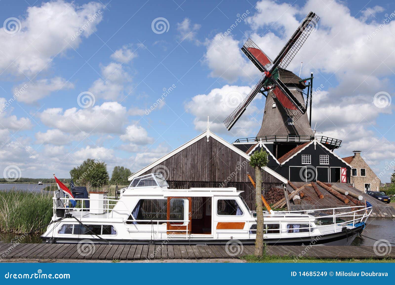 Windmill and boat stock image. Image of blue, travel - 14685249