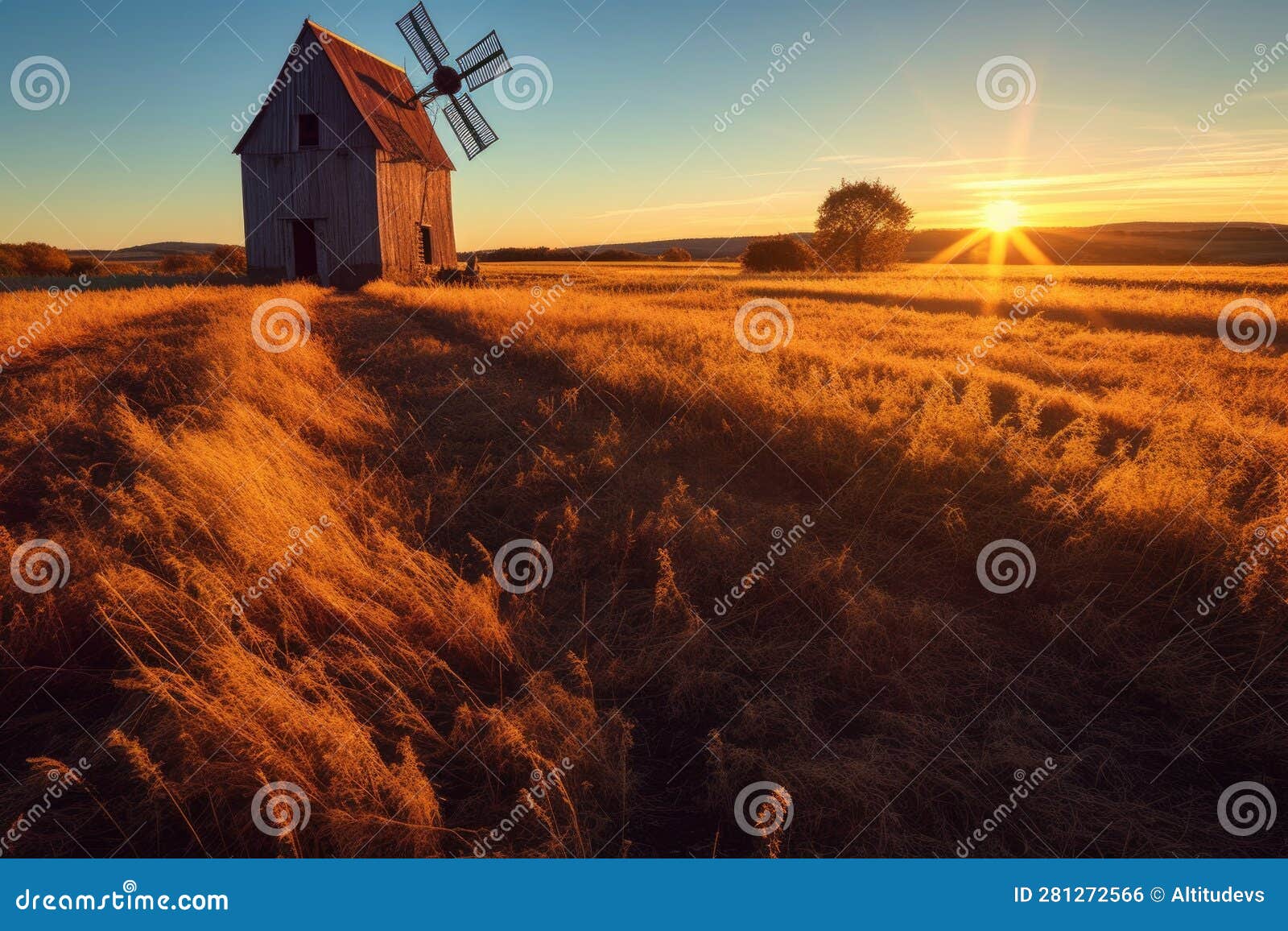 Windmill Casting Long Shadows during Golden Hour Stock Illustration ...