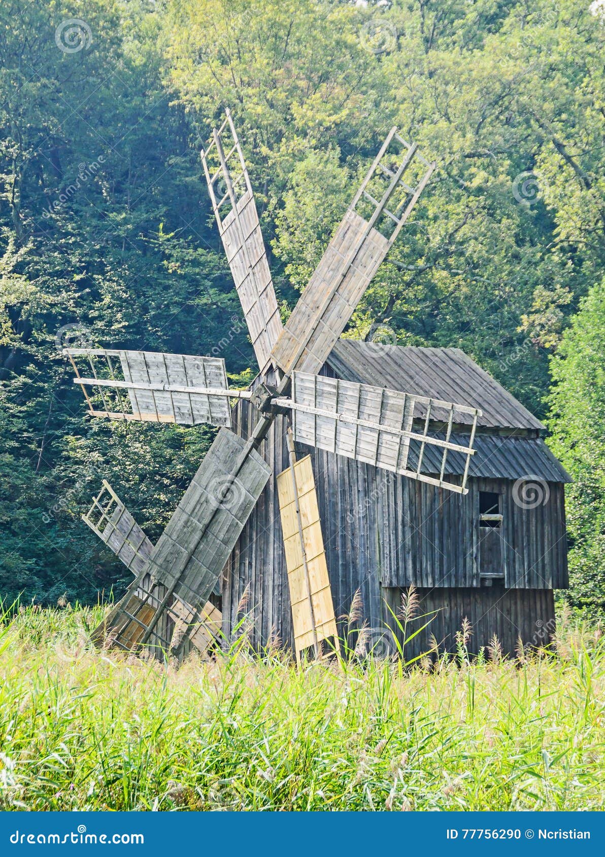 Windmill Close Up, Green Forest, Wild Vegetation Stock Photo - Image of ...