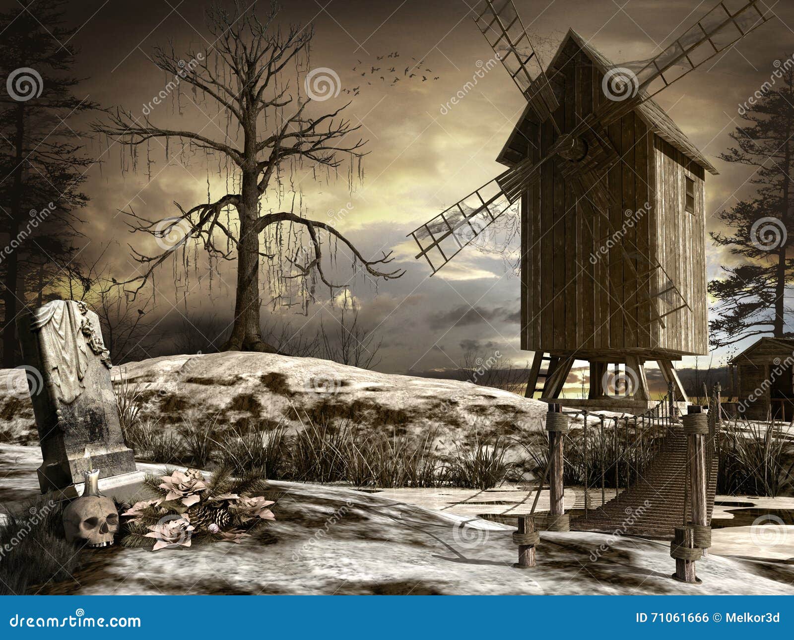 Windmill and dead tree stock illustration. Illustration of gloomy ...