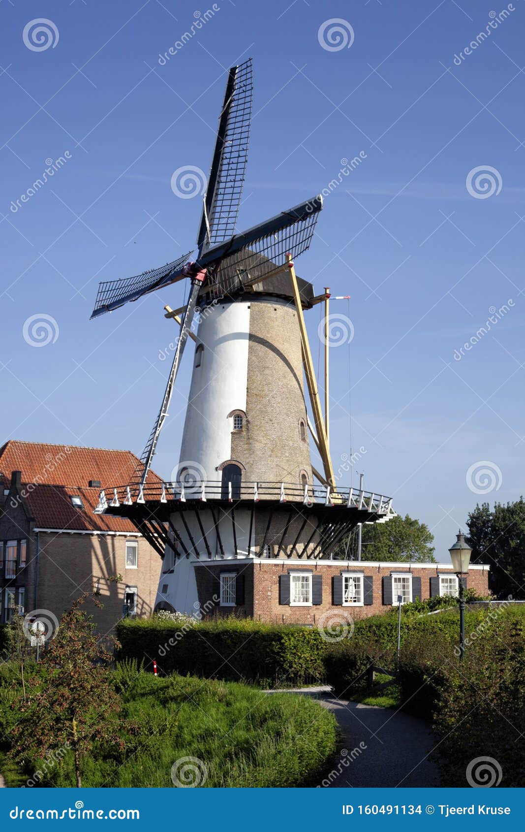 Windmill Farm River Landscape. Windmill Farm Scene. Village Windmill ...